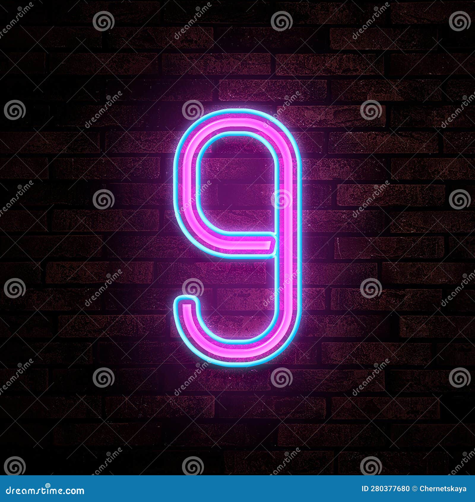 Glowing Neon Number 9 Sign on Brick Wall Stock Illustration ...