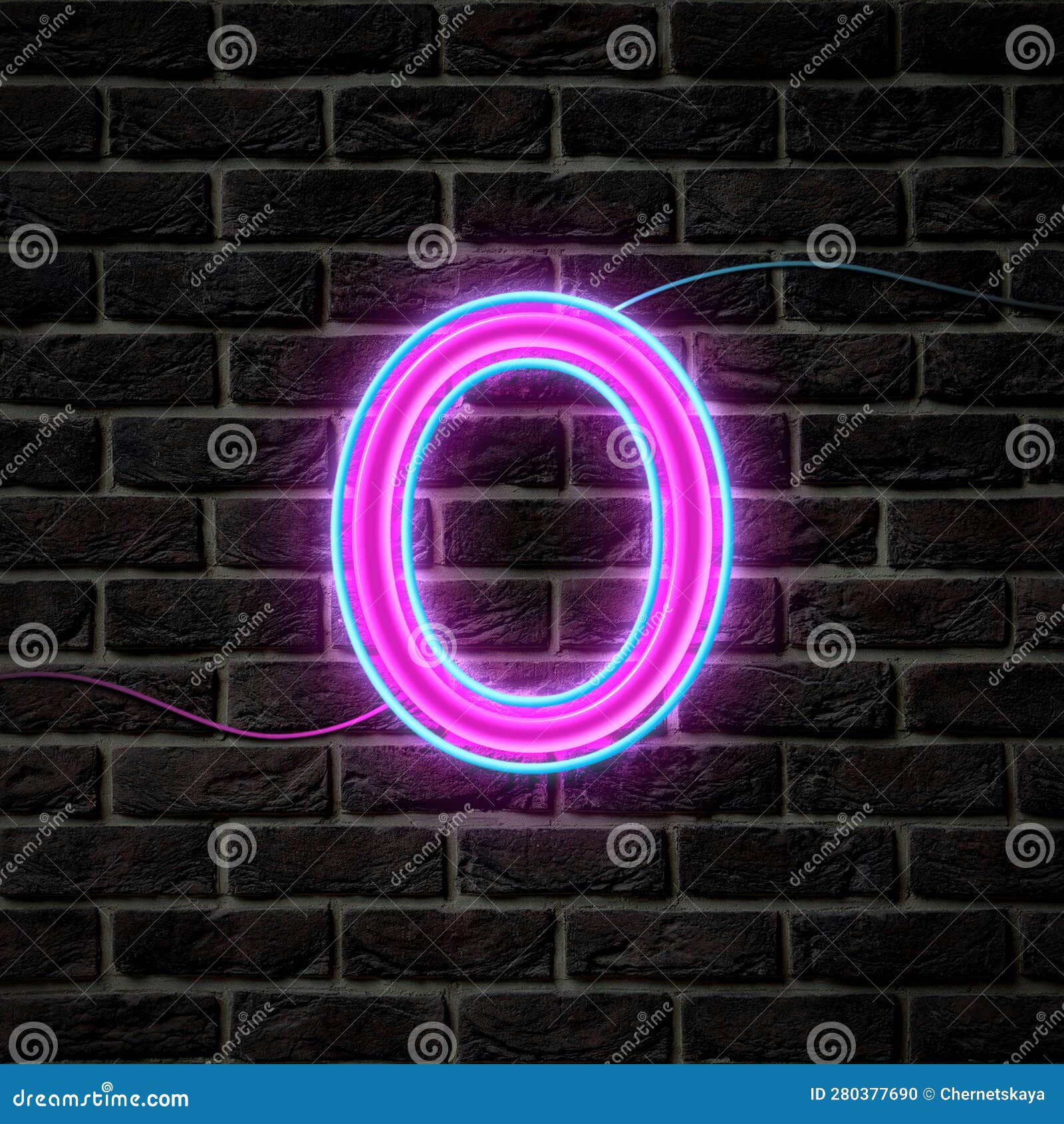 Glowing Neon Number 0 Sign on Brick Wall Stock Illustration ...