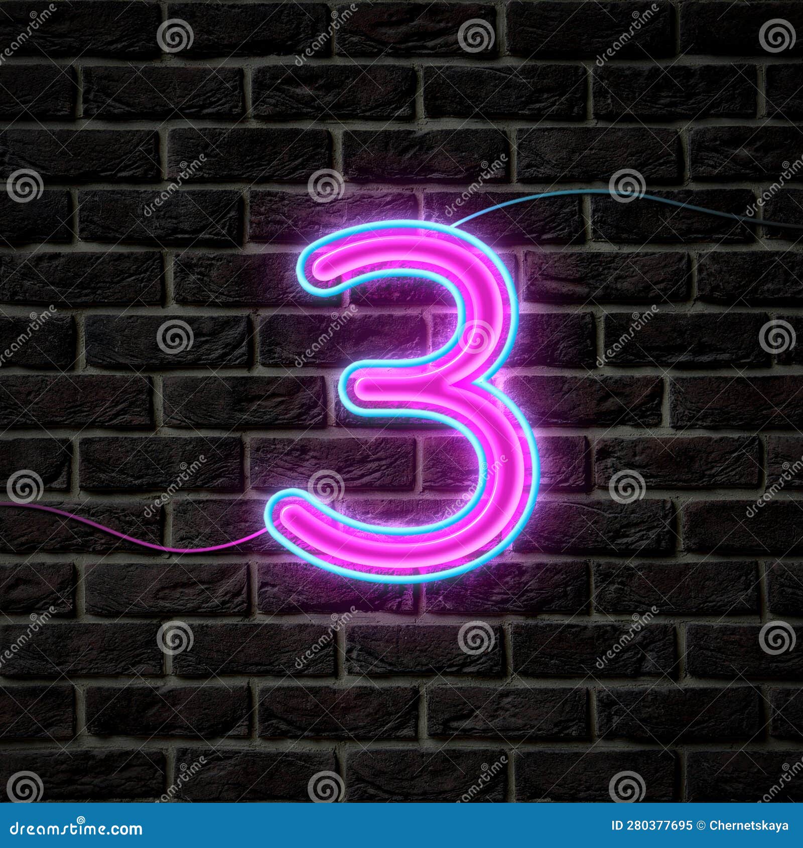Glowing Neon Number 3 Sign on Brick Wall Stock Image - Image of ...