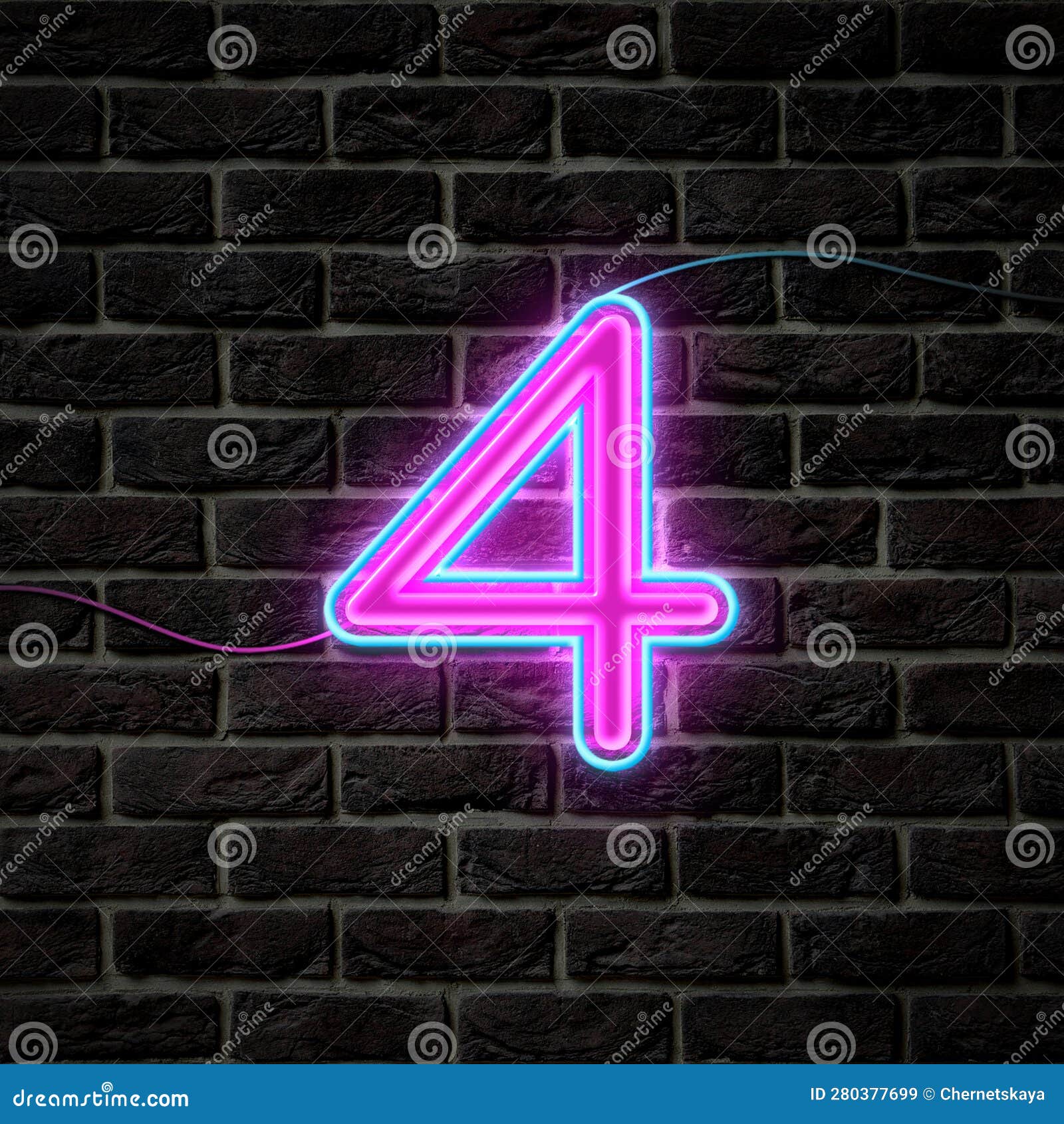 Glowing Neon Number 4 Sign on Brick Wall Stock Image - Image of light ...