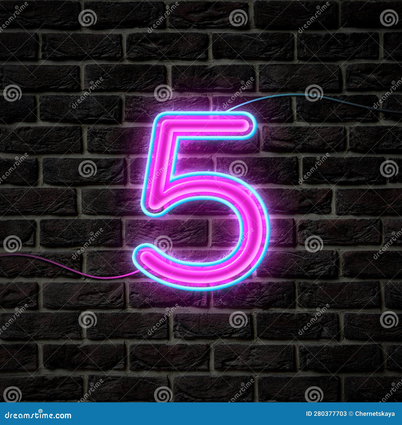 Glowing Neon Number 5 Sign on Brick Wall Stock Image - Image of casino ...