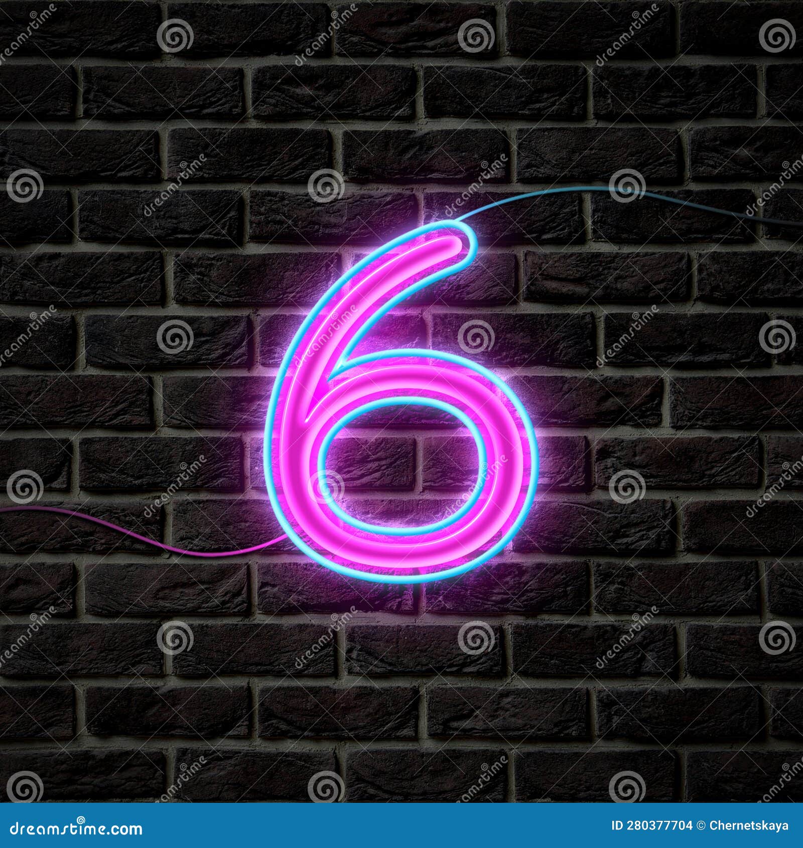 Glowing Neon Number 6 Sign on Brick Wall Stock Photo - Image of lamp ...