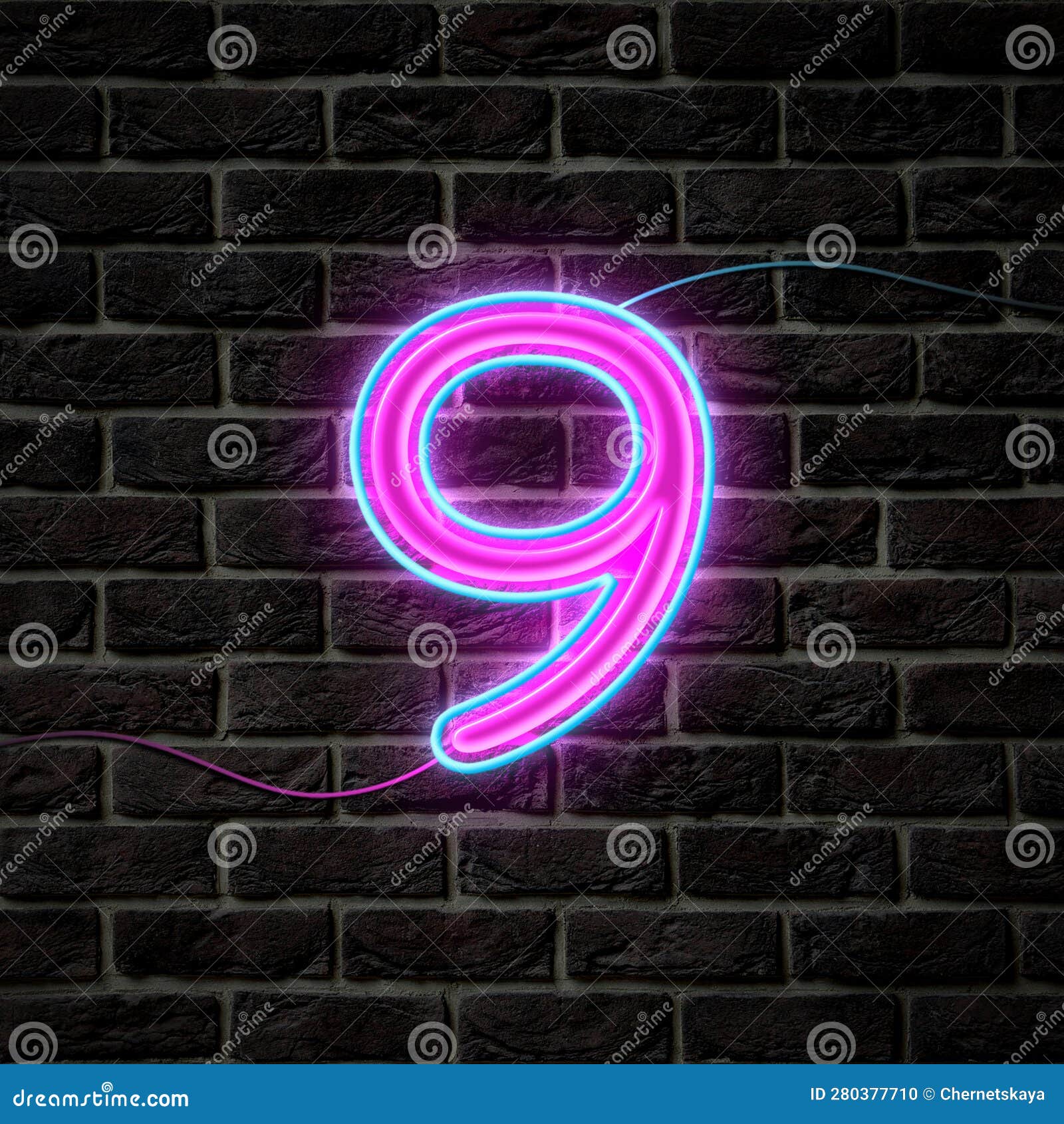 Glowing Neon Number 9 Sign on Brick Wall Stock Illustration ...