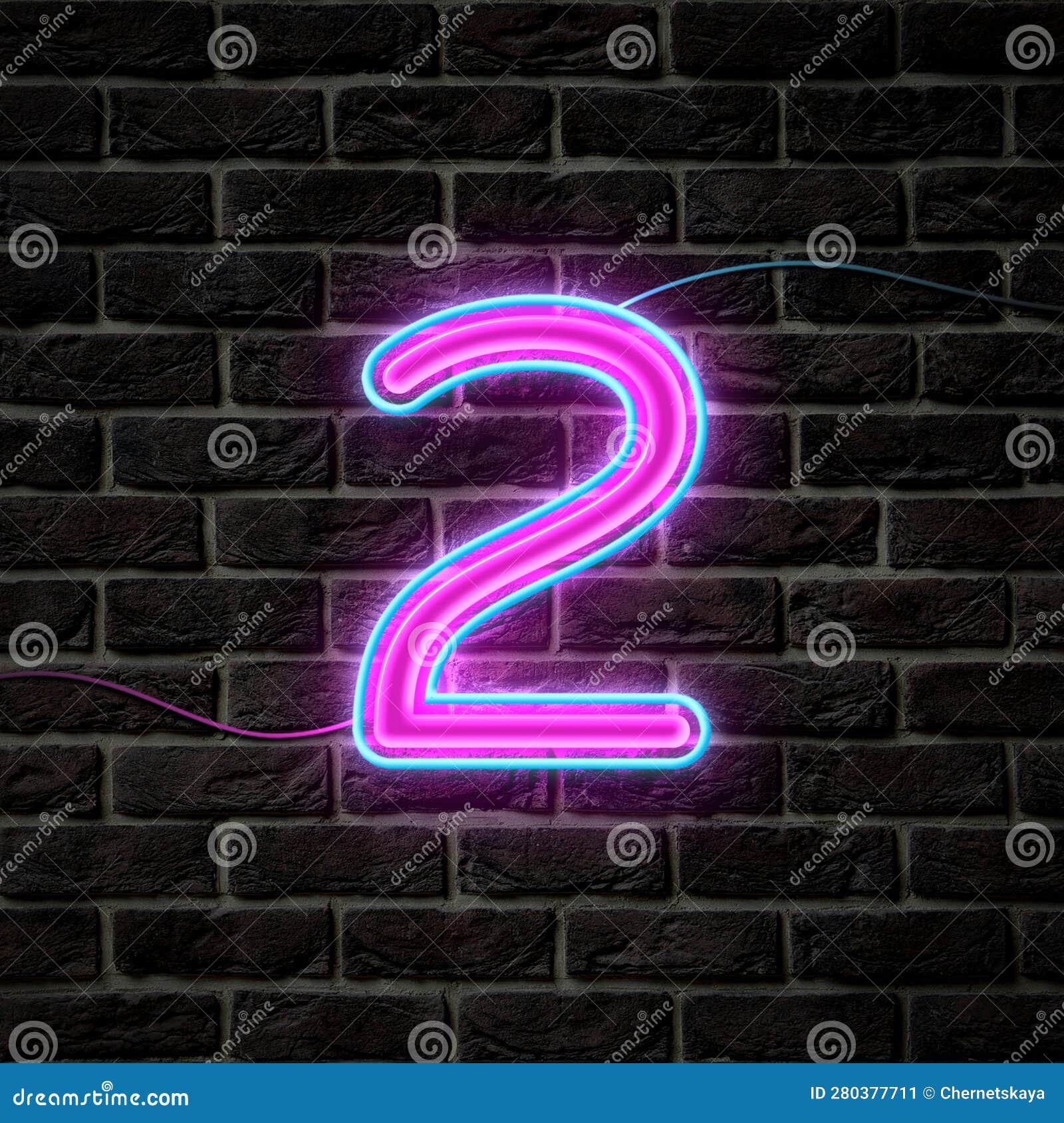 Glowing Neon Number 2 Sign on Brick Wall Stock Image - Image of ...