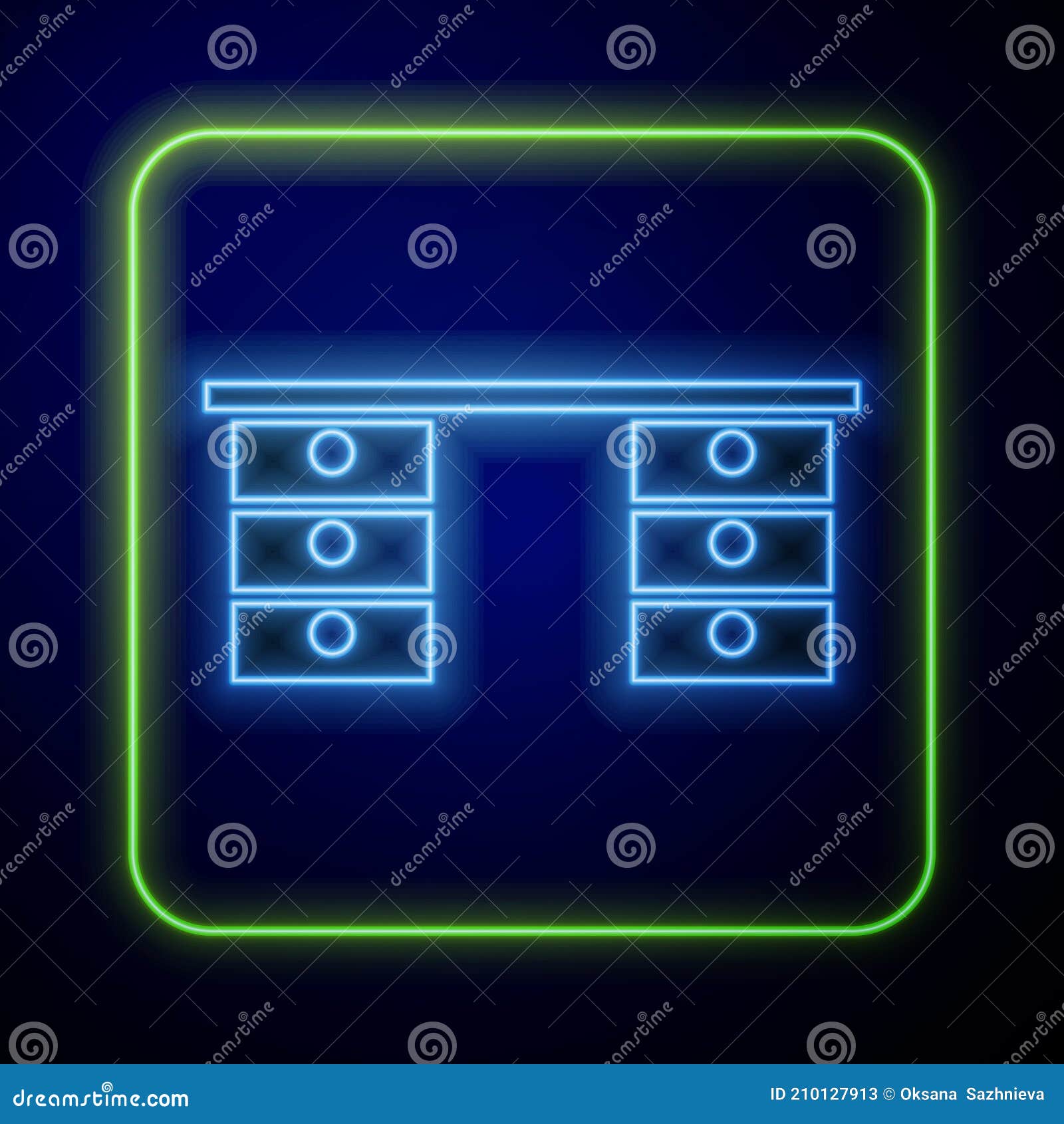 Glowing Neon Office Desk Icon Isolated on Blue Background. Vector Stock ...