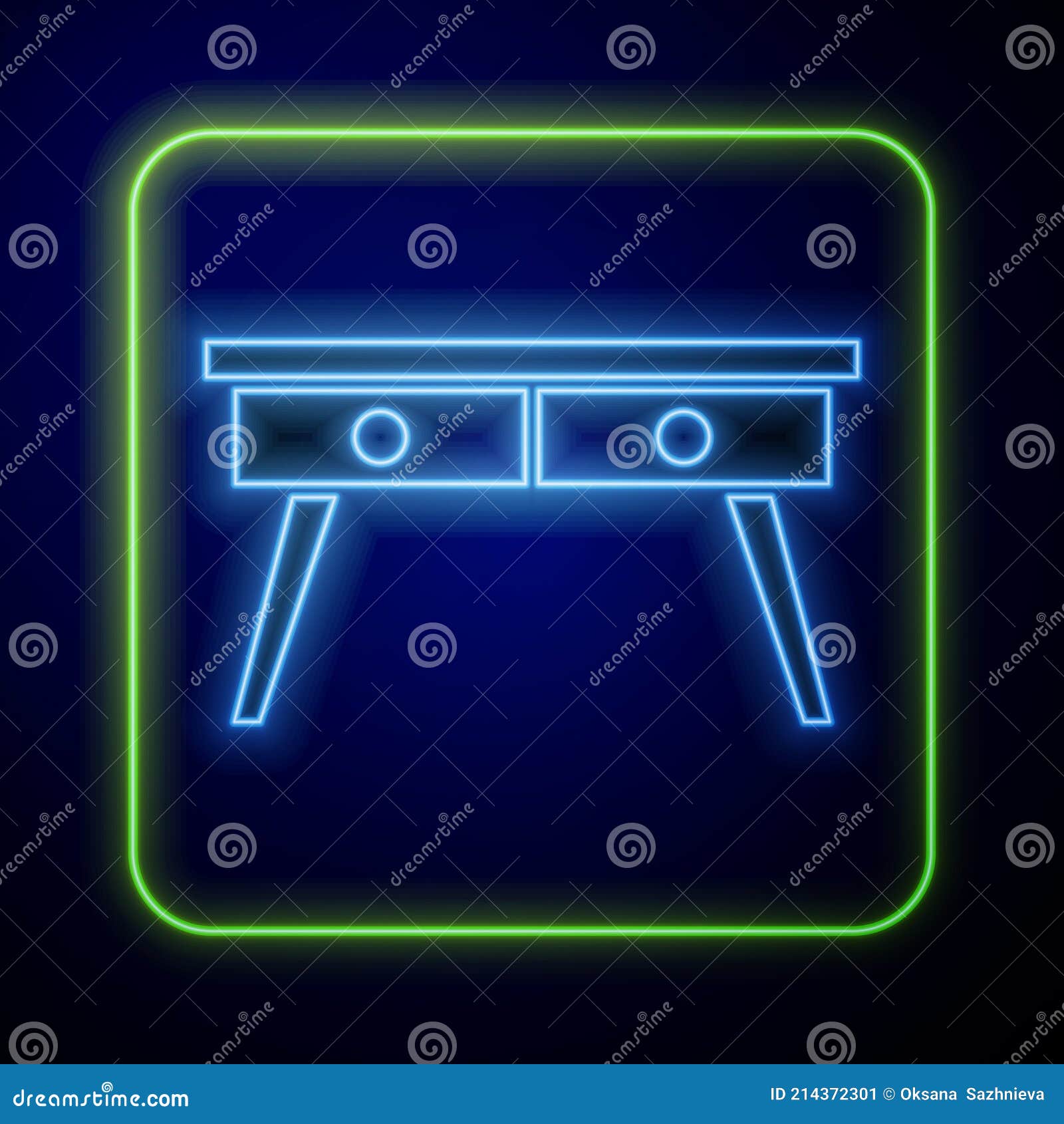 Glowing Neon Office Desk Icon Isolated on Blue Background. Vector Stock ...