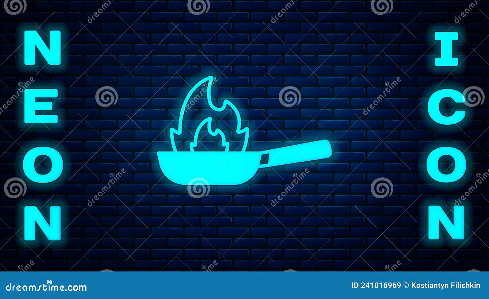 Glowing Neon Pan with Fire Icon Isolated on Brick Wall Background ...