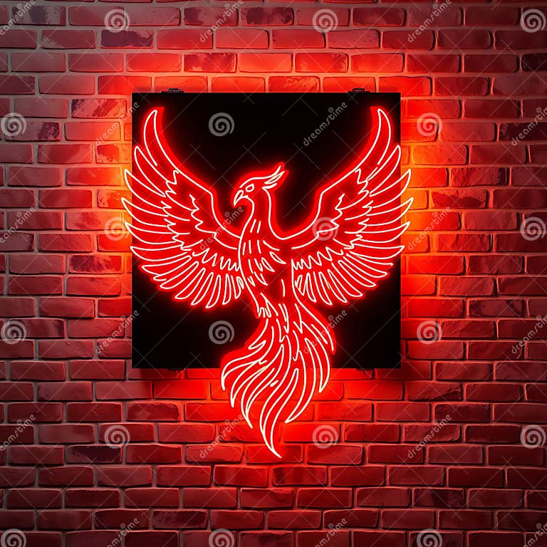 A Glowing Neon Phoenix Artwork Mounted on a Brick Wall Stock ...