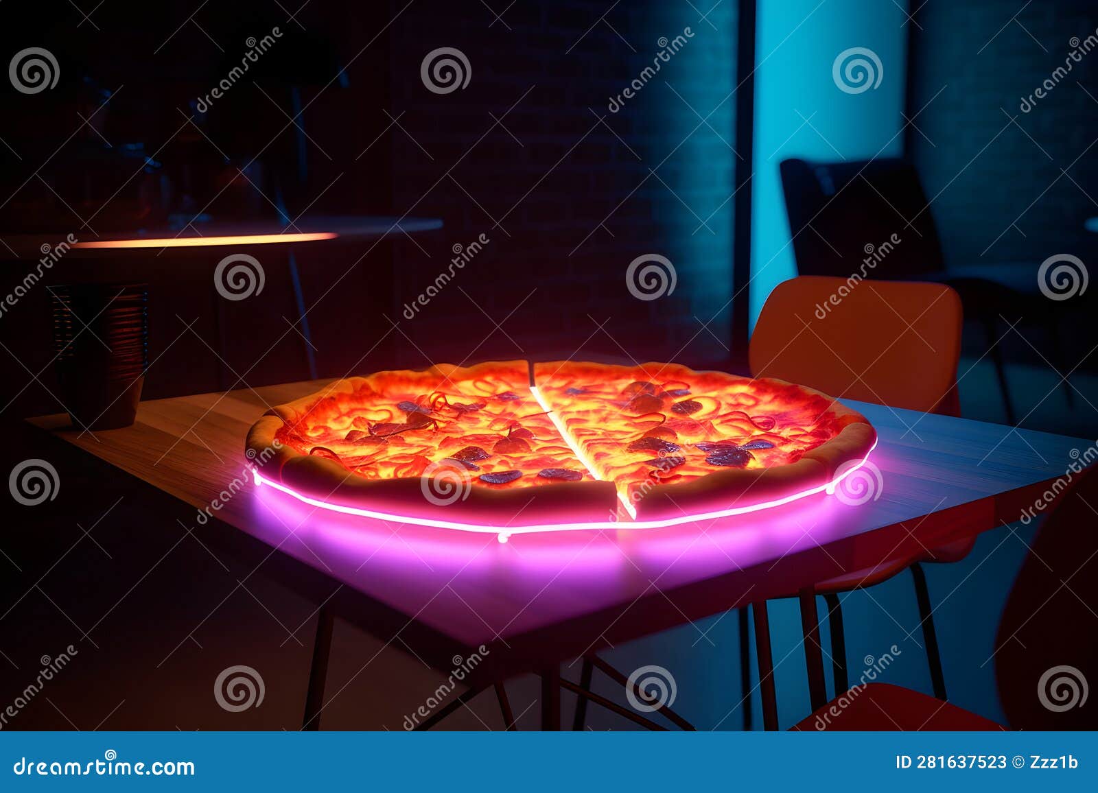 Glowing Neon Pizza on Table, Neural Network Generated Art Stock ...