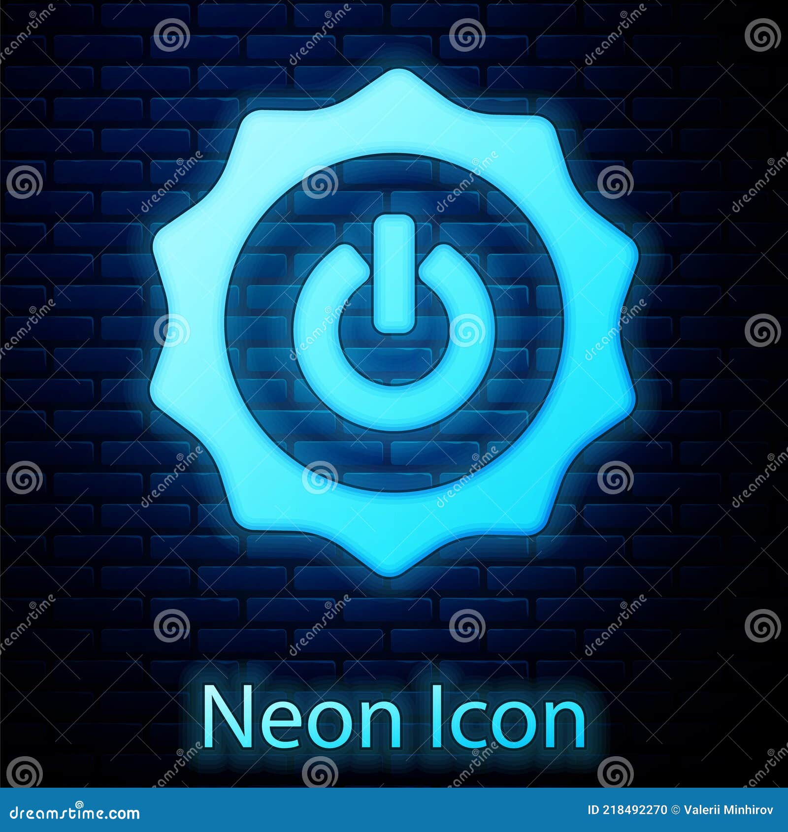 Glowing Neon Power Button Icon Isolated on Brick Wall Background. Start ...