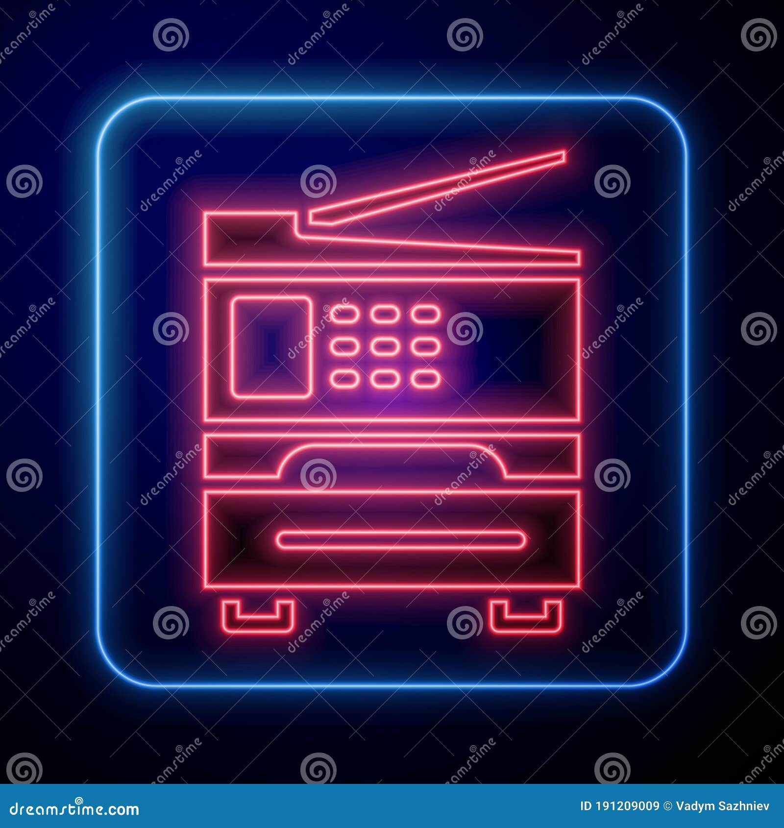Glowing Neon Printer Icon Isolated on Blue Background. Vector ...