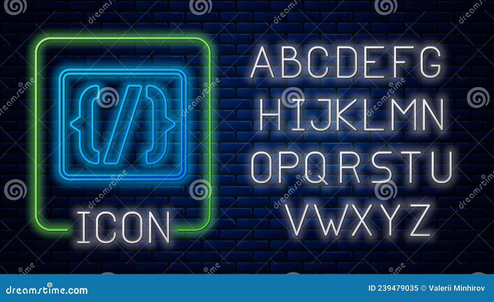 Glowing Neon Programming Language Syntax Icon Isolated On Brick Wall