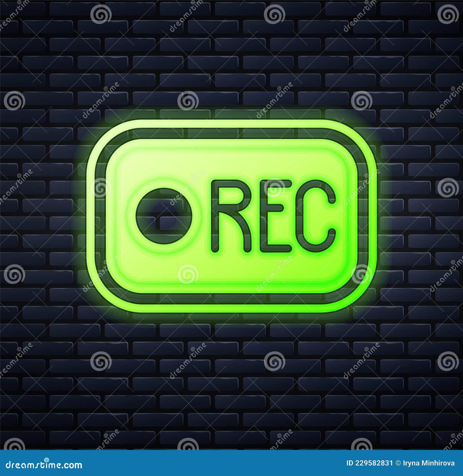 Glowing Neon Record Button Icon Isolated on Brick Wall Background. Rec ...