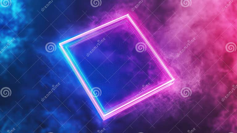 Glowing Neon Rectangular Frame Floating in Dark Atmosphere with ...