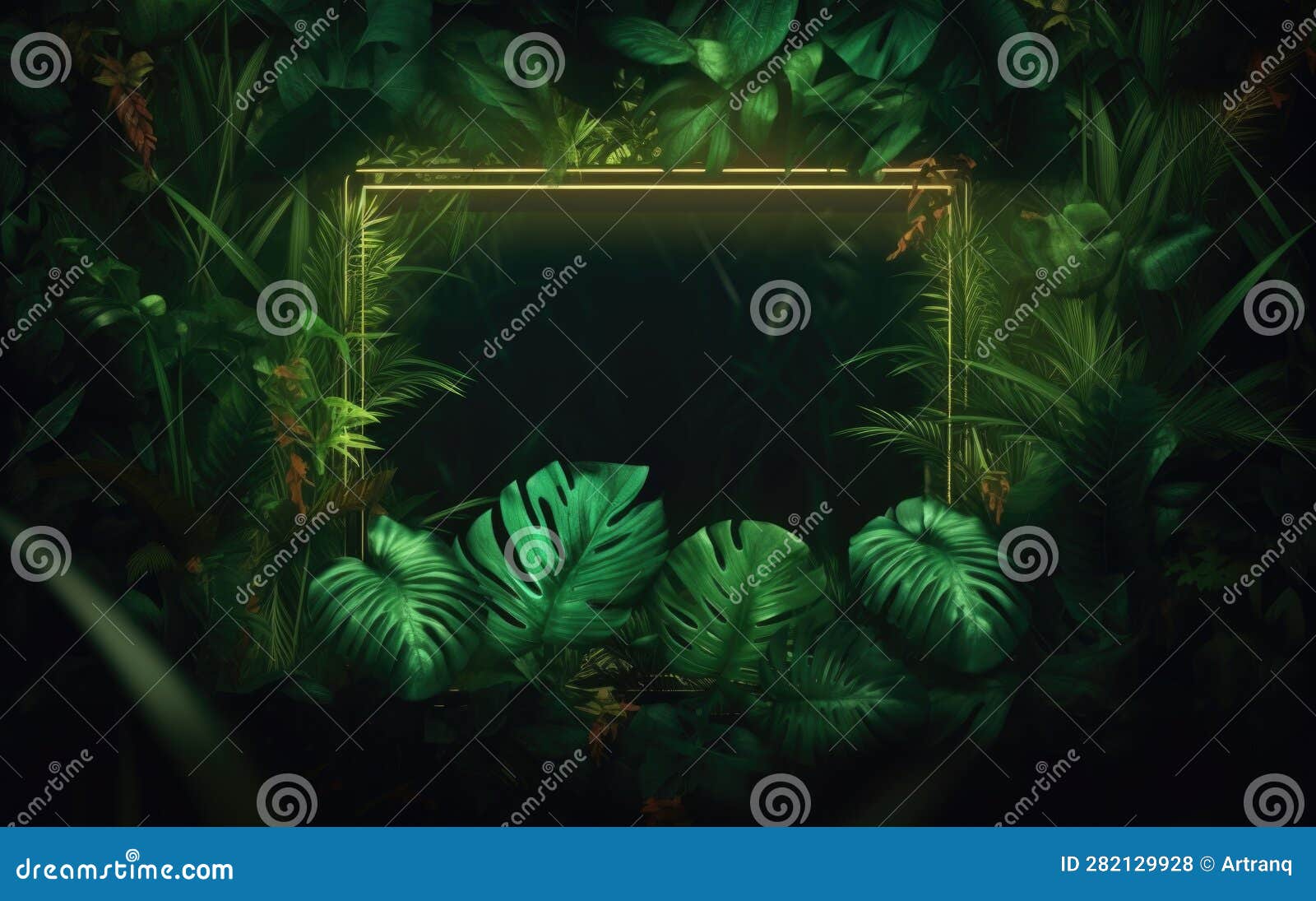 Glowing Neon Rectangular Frame in Tropical Jungle Stock Illustration ...