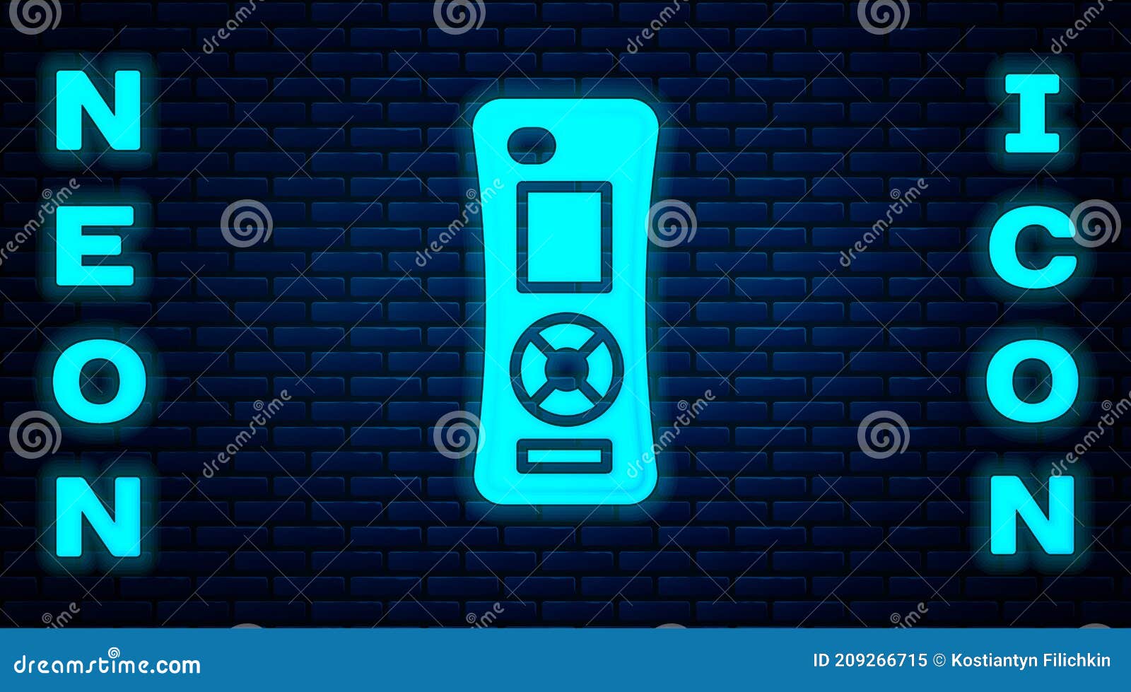 Glowing Neon Remote Control Icon Isolated on Brick Wall Background ...