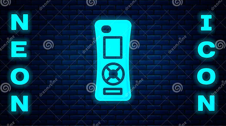 Glowing Neon Remote Control Icon Isolated on Brick Wall Background ...