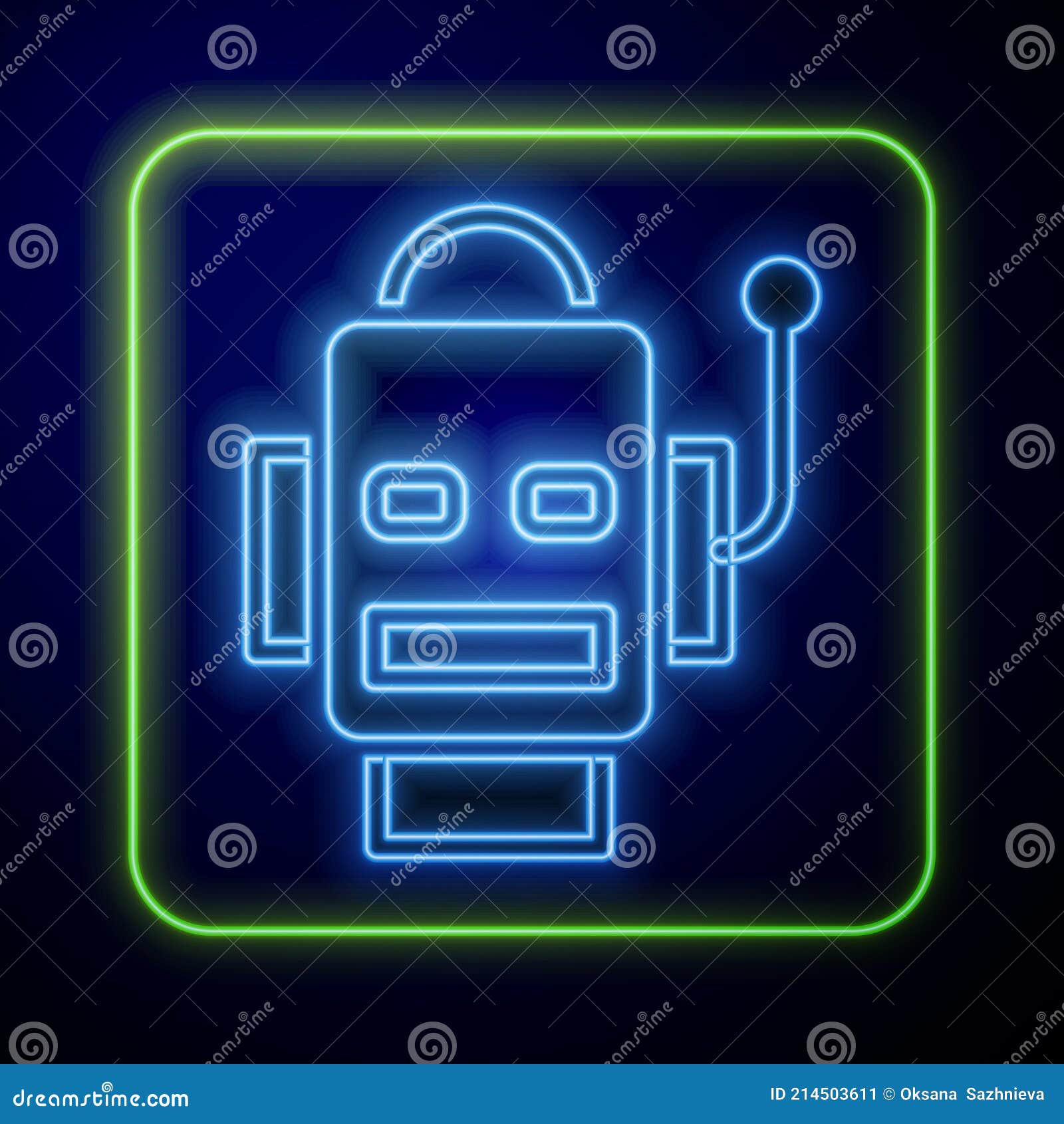 Glowing Neon Robot Icon Isolated on Blue Background. Artificial ...