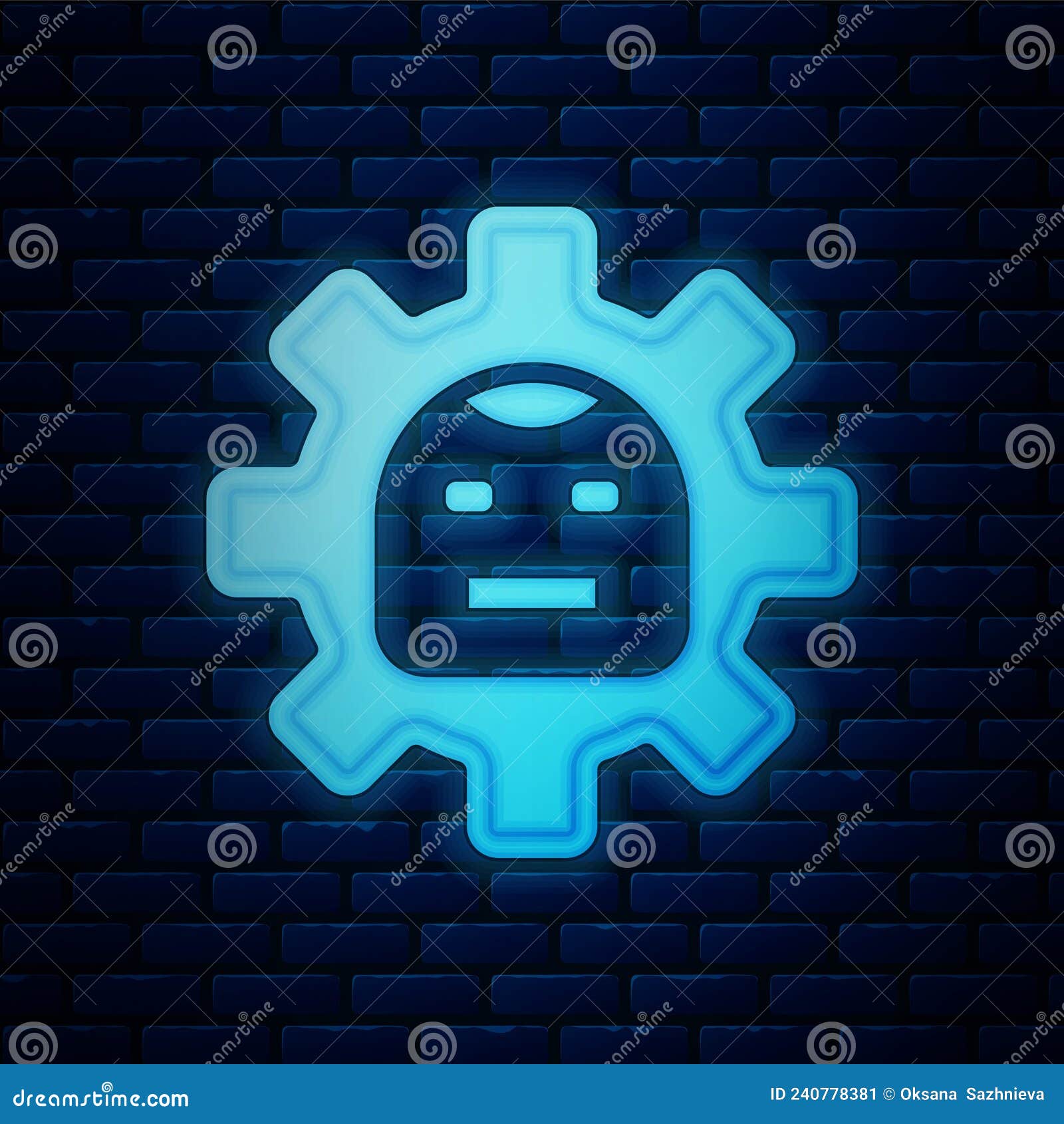 Glowing Neon Robot Icon Isolated on Brick Wall Background. Artificial ...
