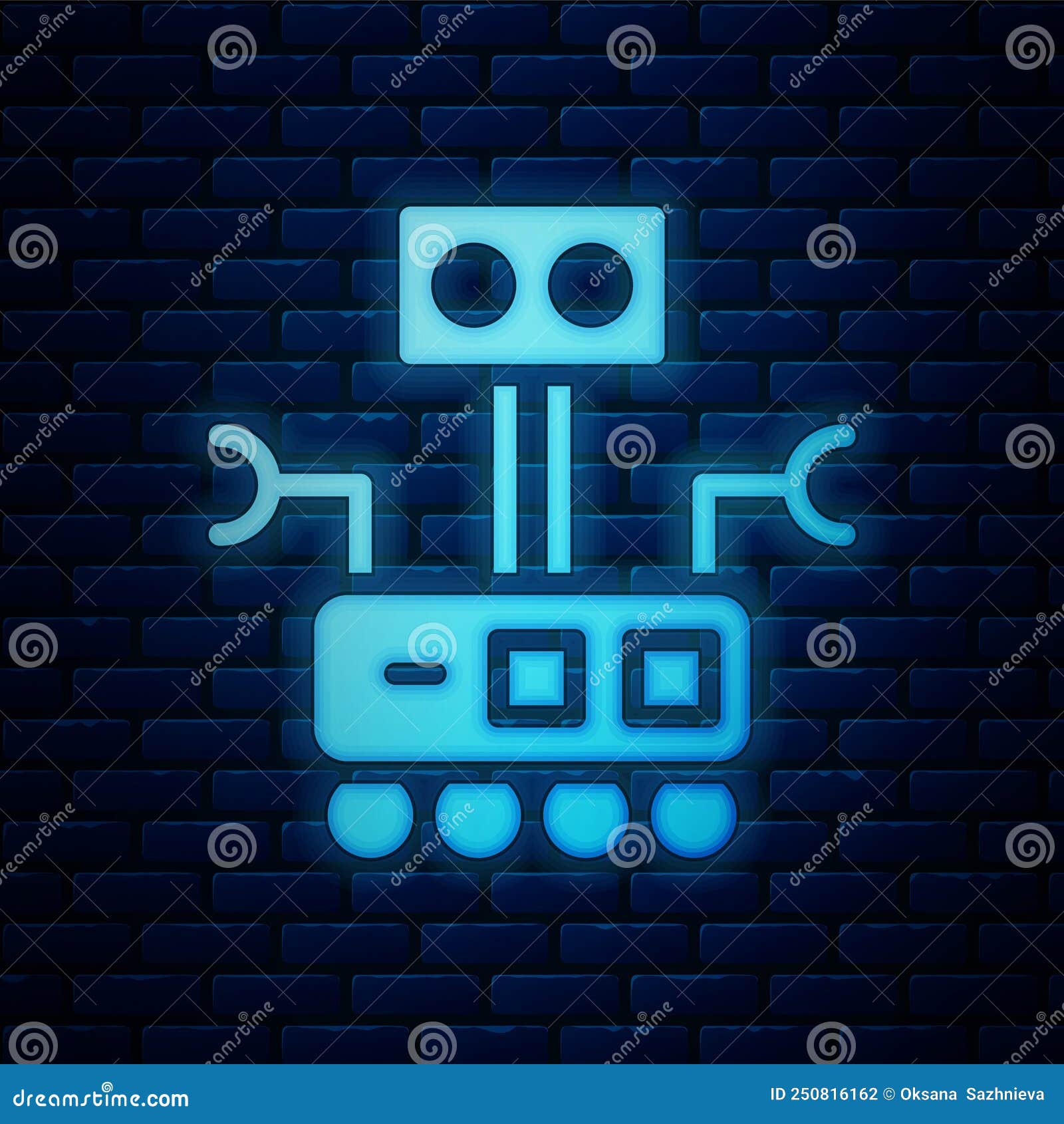 Glowing Neon Robot Icon Isolated on Brick Wall Background. Artificial ...
