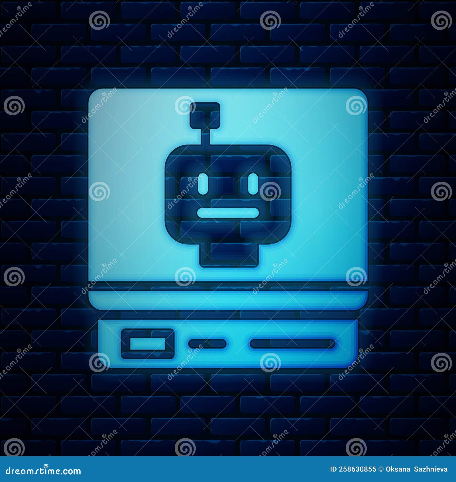 Glowing Neon Robot Icon Isolated on Brick Wall Background. Artificial ...