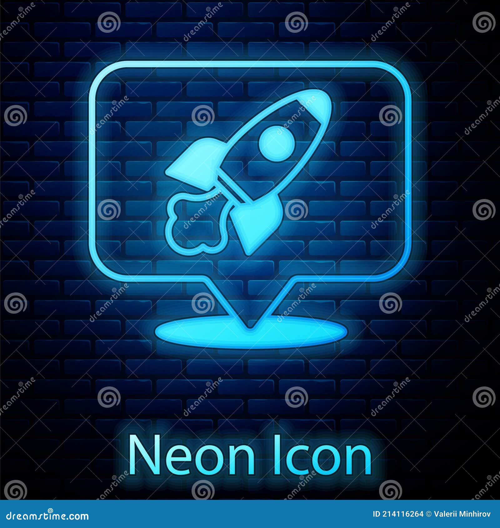 Glowing Neon Rocket Ship Icon Isolated on Brick Wall Background. Space ...