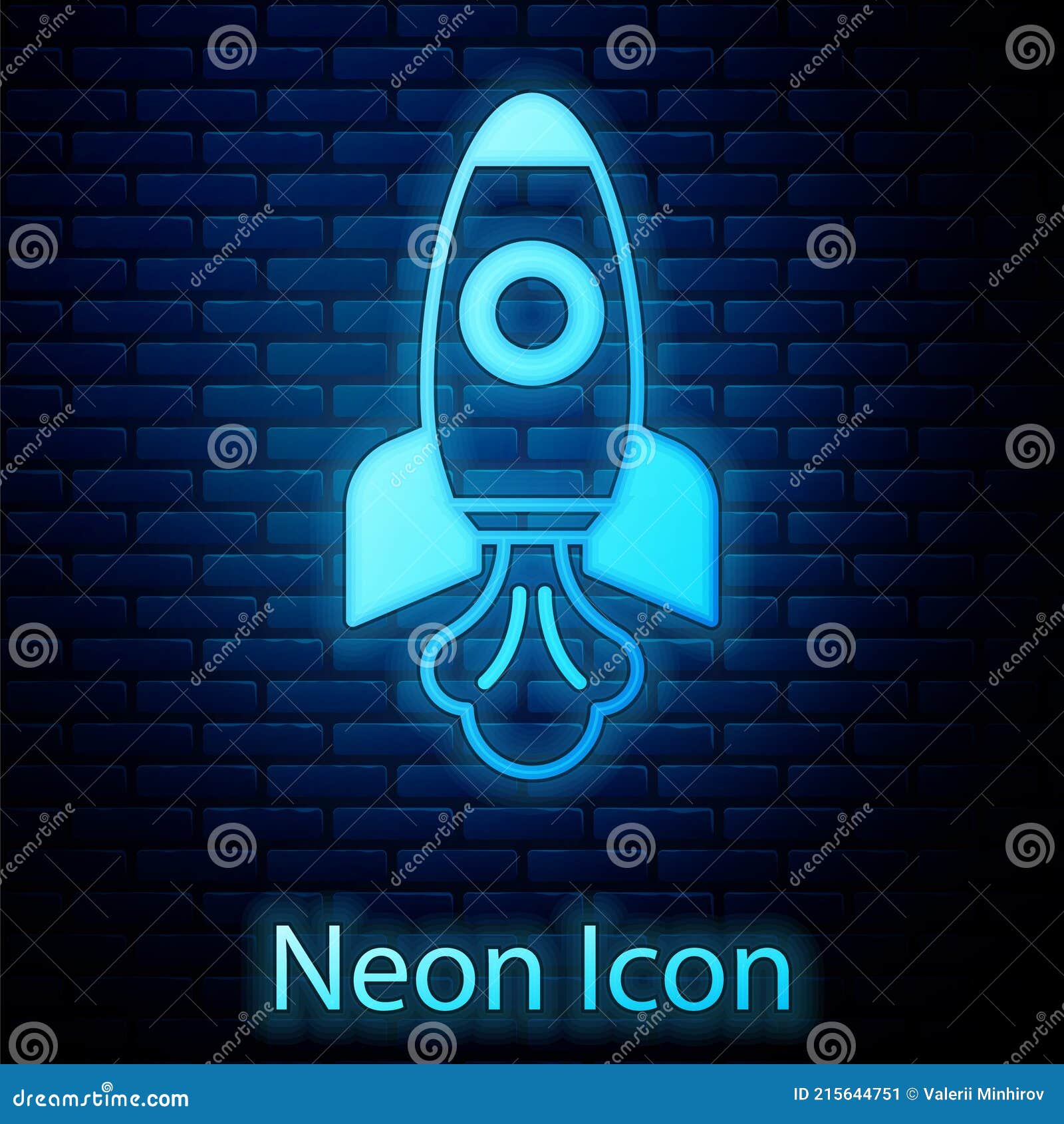 Glowing Neon Rocket Ship Icon Isolated on Brick Wall Background. Space ...