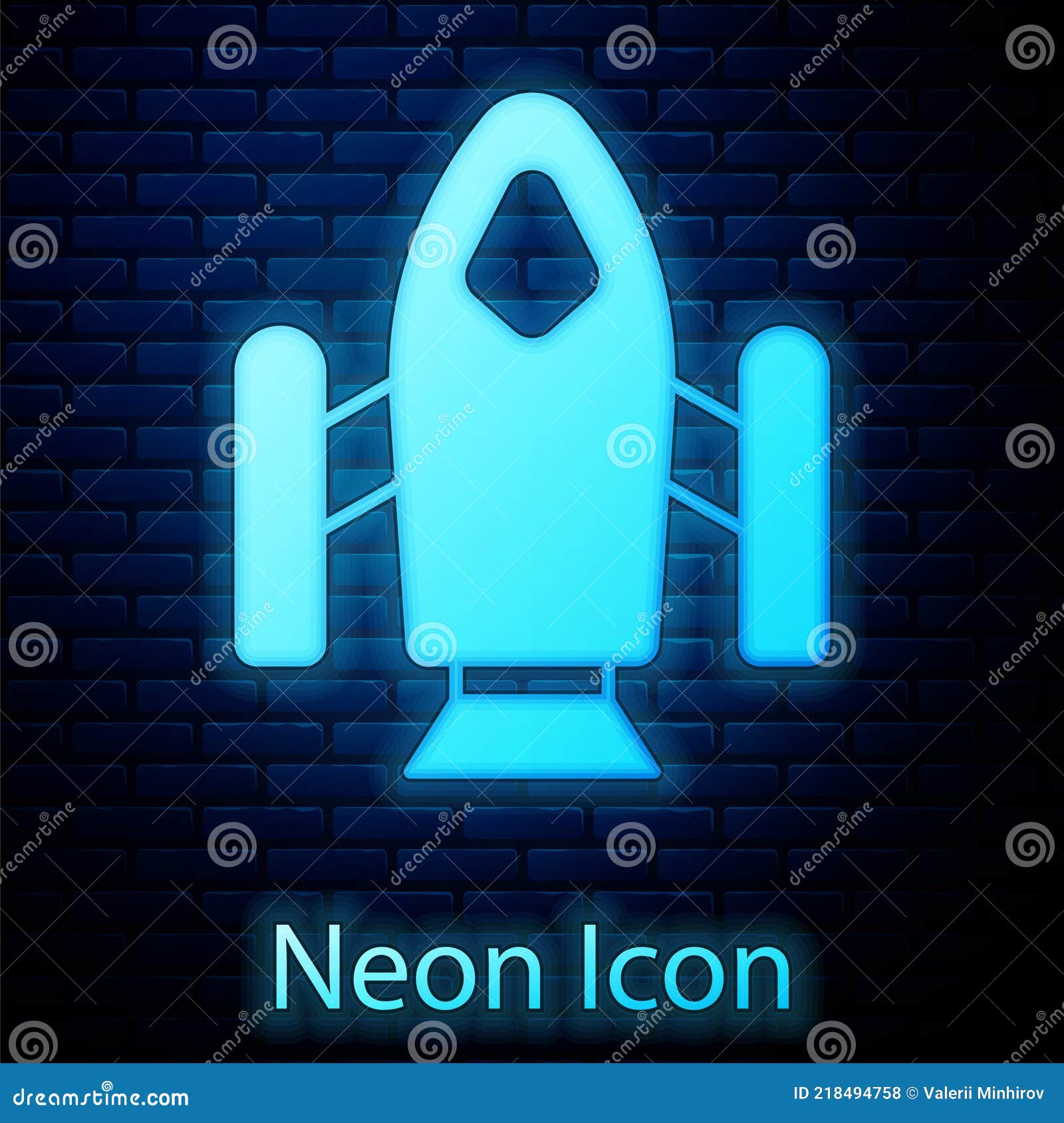 Glowing Neon Rocket Ship Icon Isolated on Brick Wall Background. Space ...