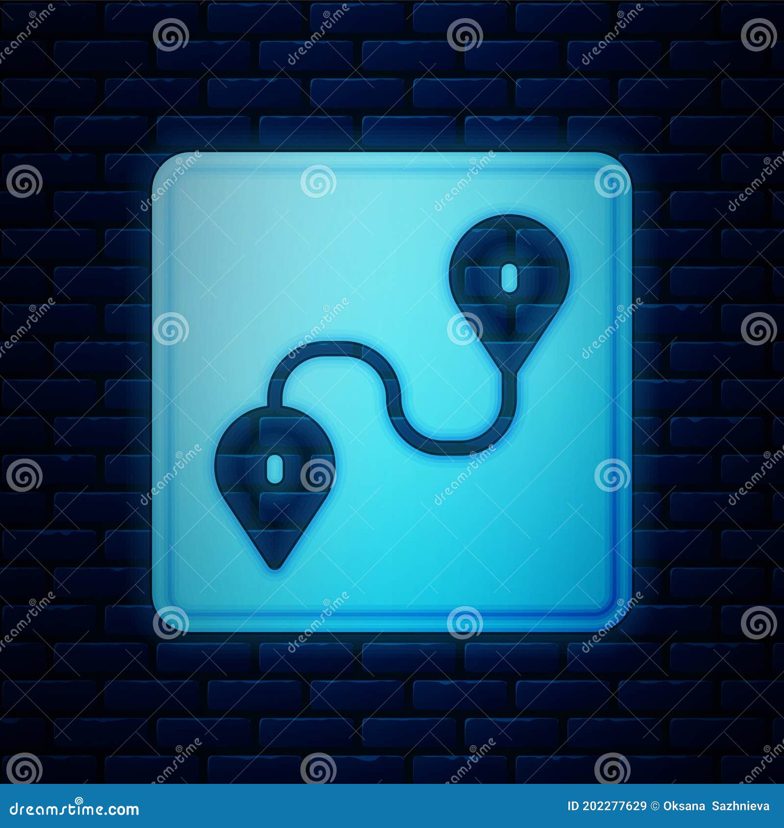 Glowing Neon Route Location Icon Isolated on Brick Wall Background. Map ...