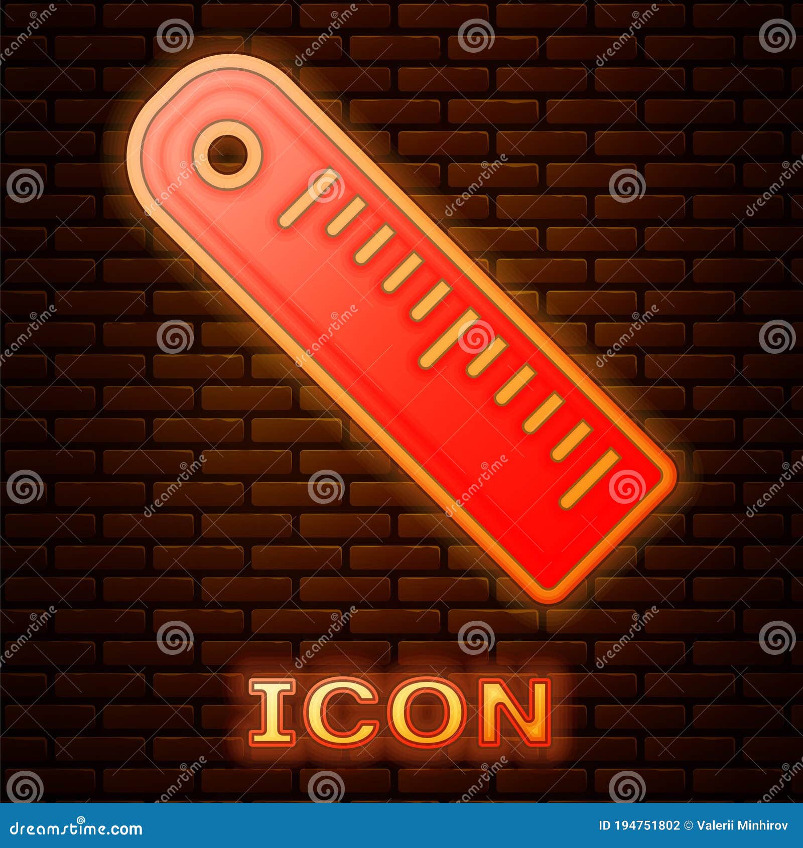 Glowing Neon Ruler Icon Isolated on Brick Wall Background. Straightedge ...