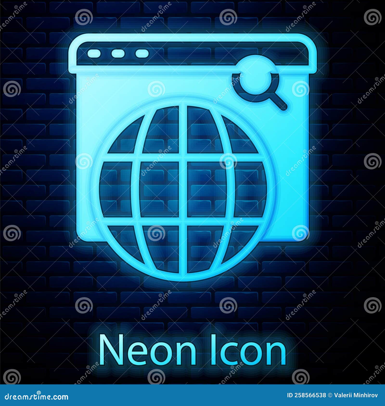Glowing Neon Search Engine Icon Isolated on Brick Wall Background ...