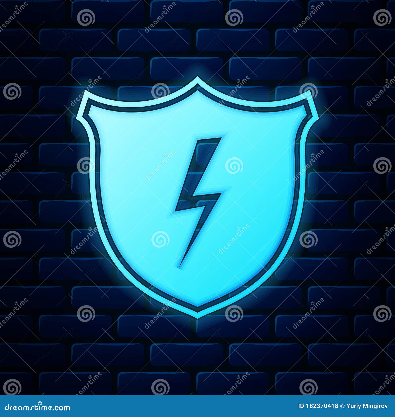 Glowing Neon Secure Shield with Lightning Icon Isolated on Brick Wall ...