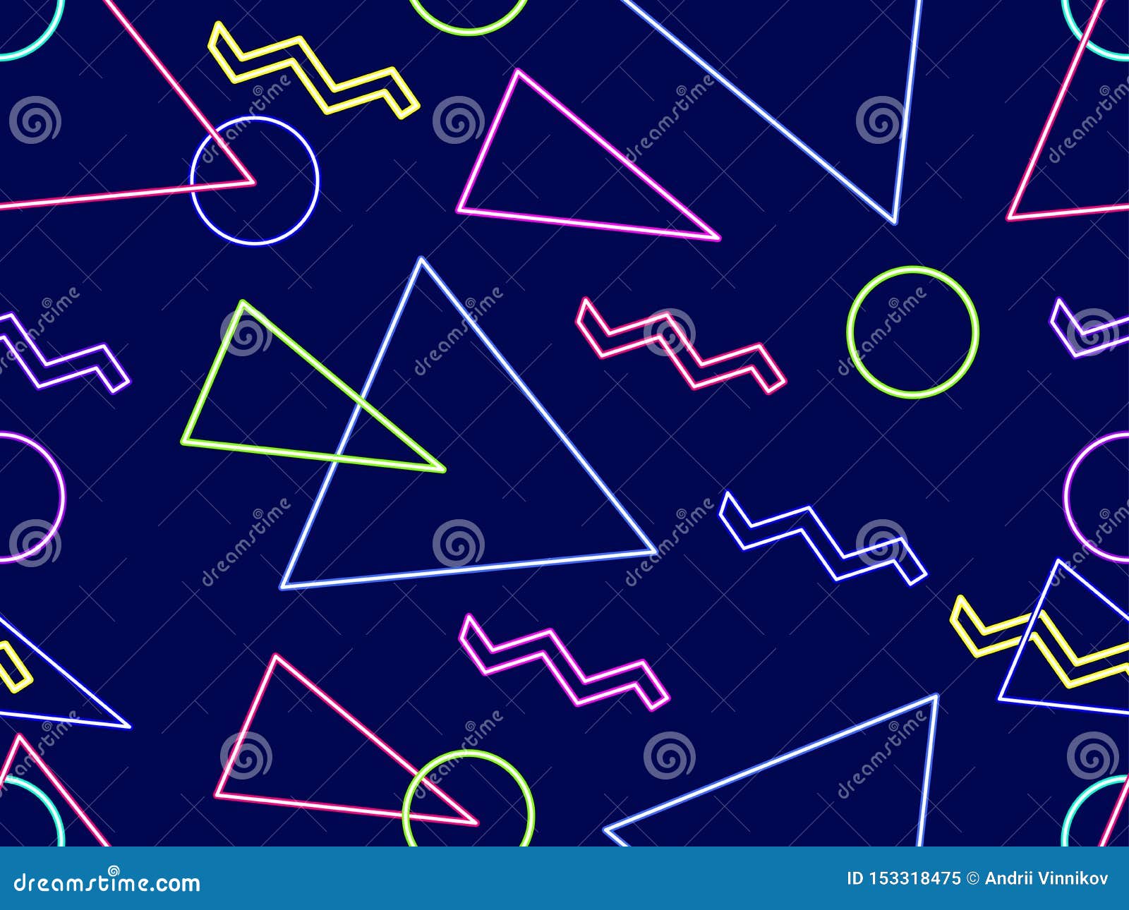 Glowing Neon Shapes on a Black Background. Seamless Pattern in 80s ...