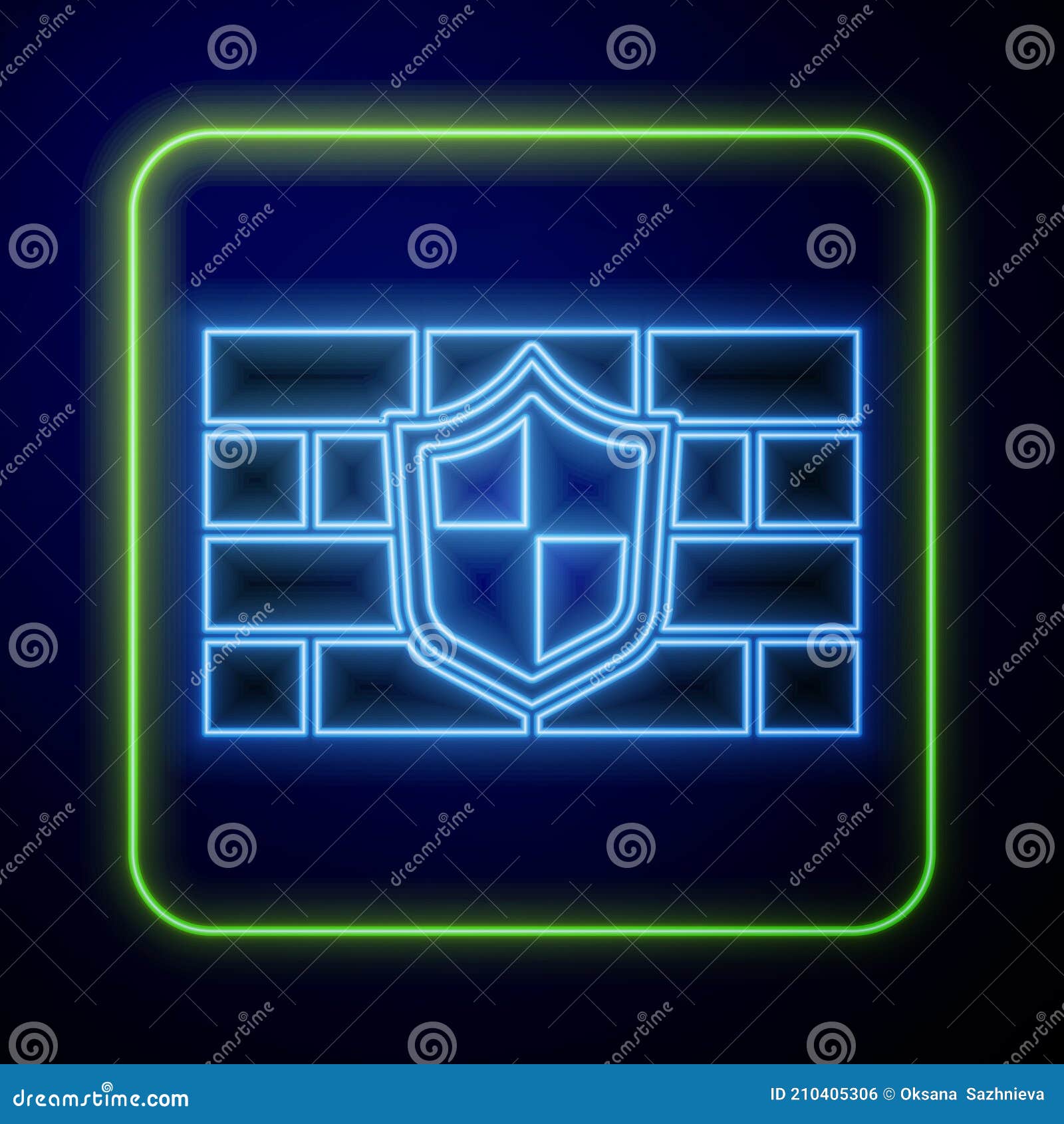 Glowing Neon Shield with Cyber Security Brick Wall Icon Isolated on ...