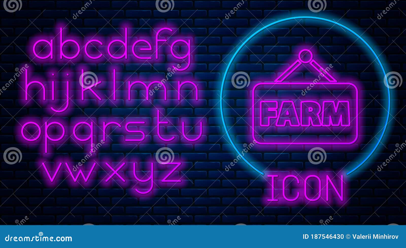 Glowing Neon Signboard with Text Farm Icon Isolated on Brick Wall ...