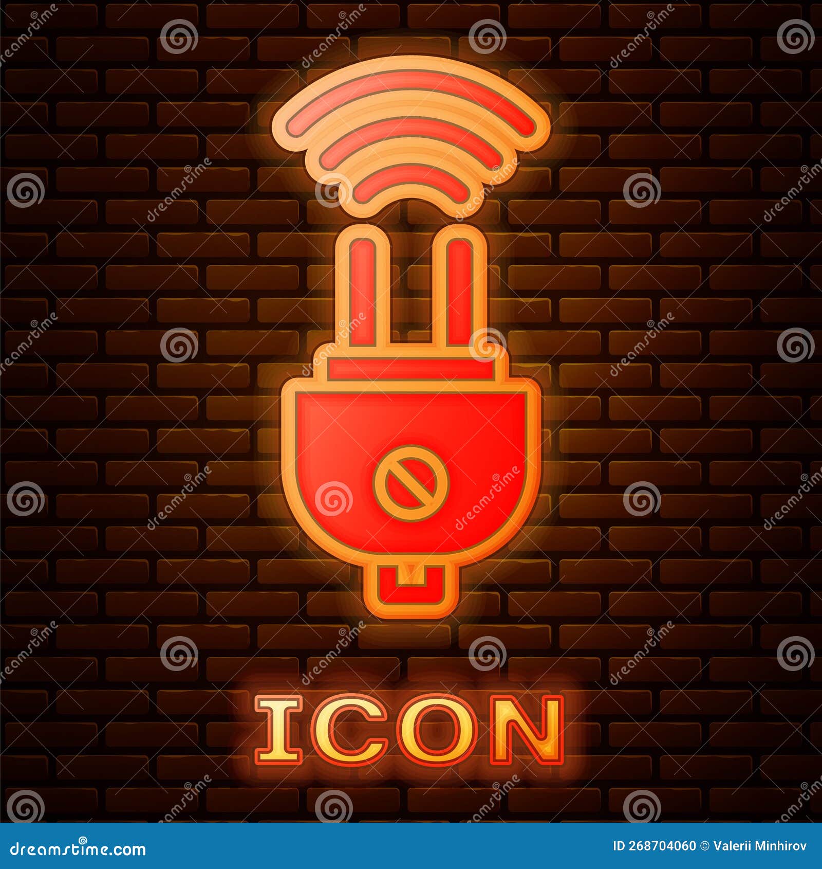 Glowing Neon Smart Electric Plug System Icon Isolated on Brick Wall ...