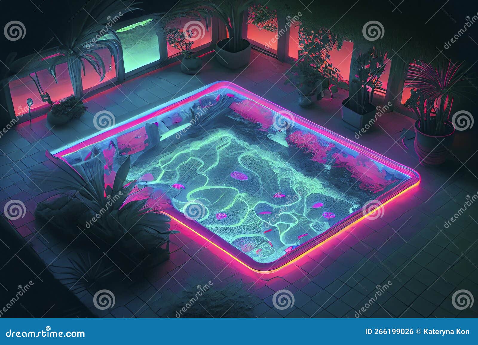 Glowing Neon-themed Swimming Pool, Ai Illustration Stock Illustration ...