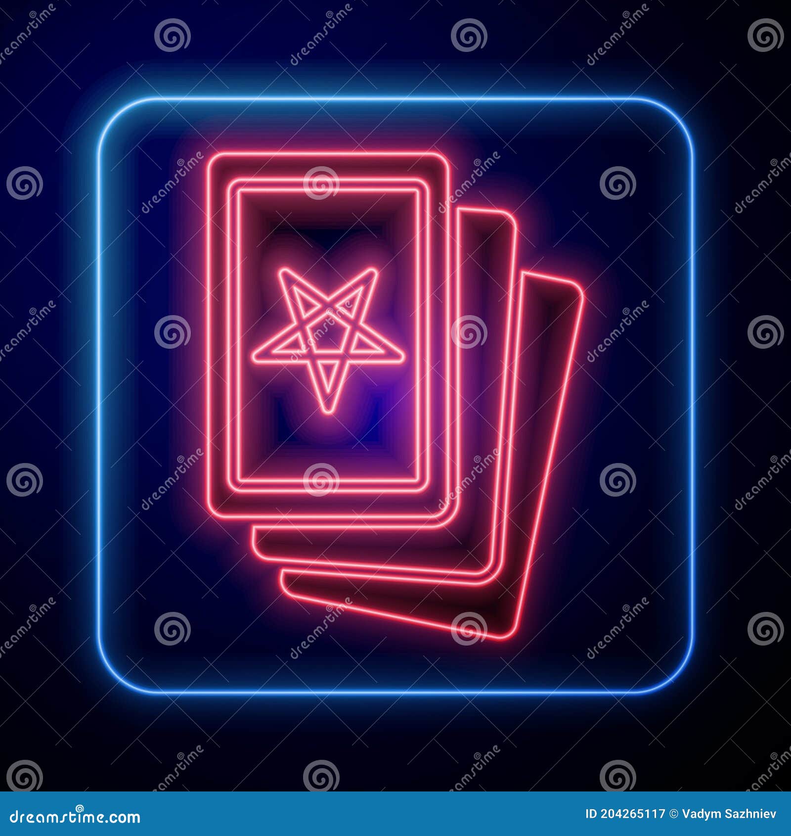 Glowing Neon Three Tarot Cards Icon Isolated on Blue Background. Magic ...