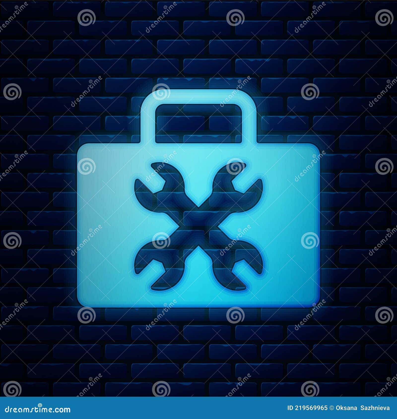 Glowing Neon Toolbox Icon Isolated on Brick Wall Background. Tool Box ...