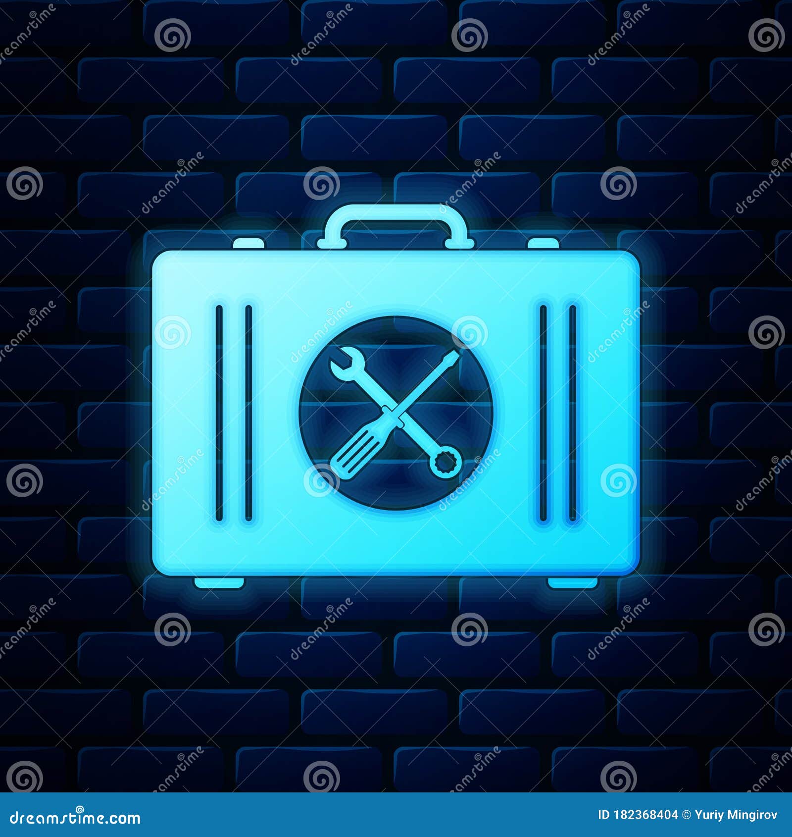 Glowing Neon Toolbox Icon Isolated on Brick Wall Background. Tool Box ...
