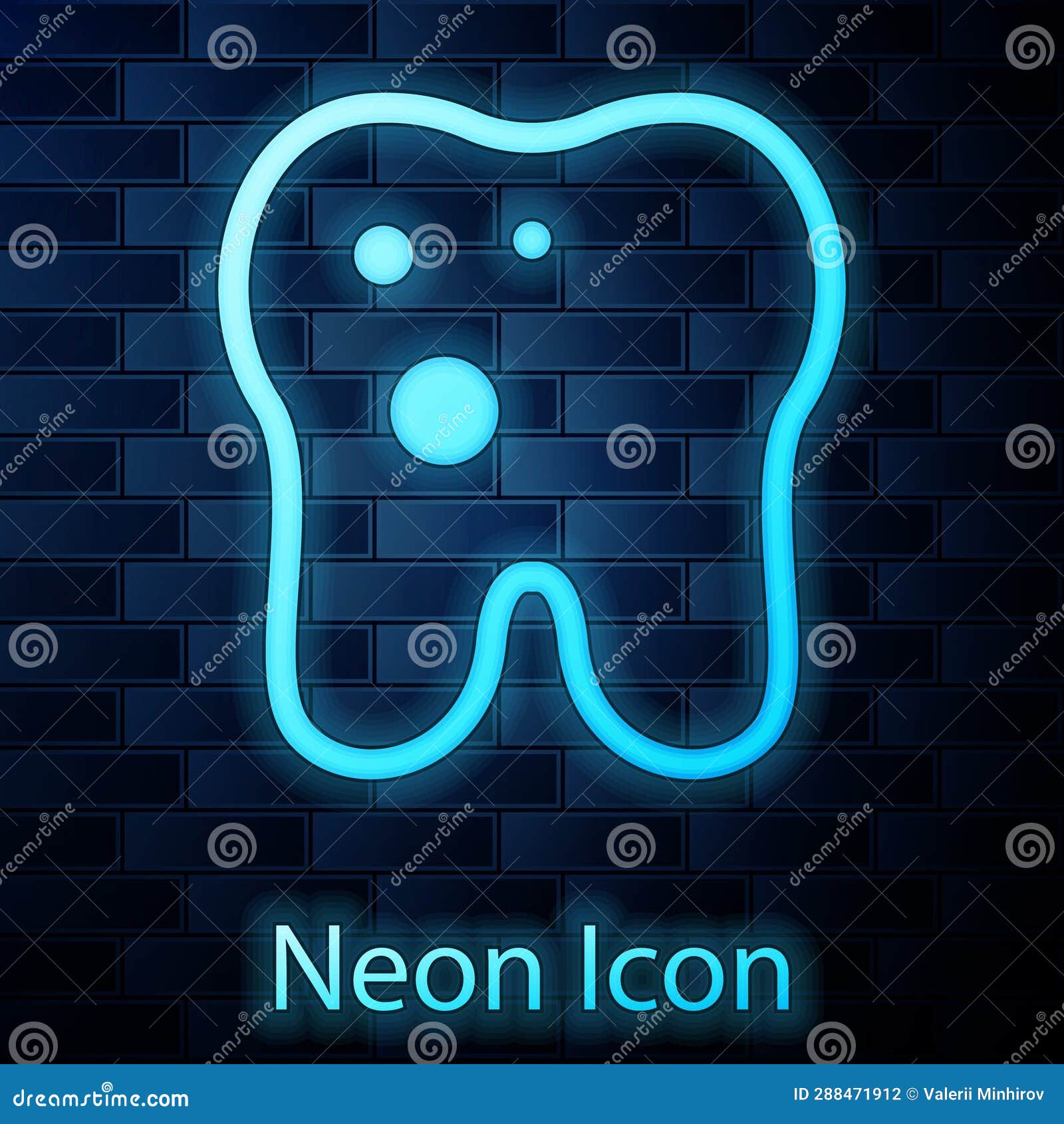 Glowing Neon Tooth with Caries Icon Isolated on Brick Wall Background ...