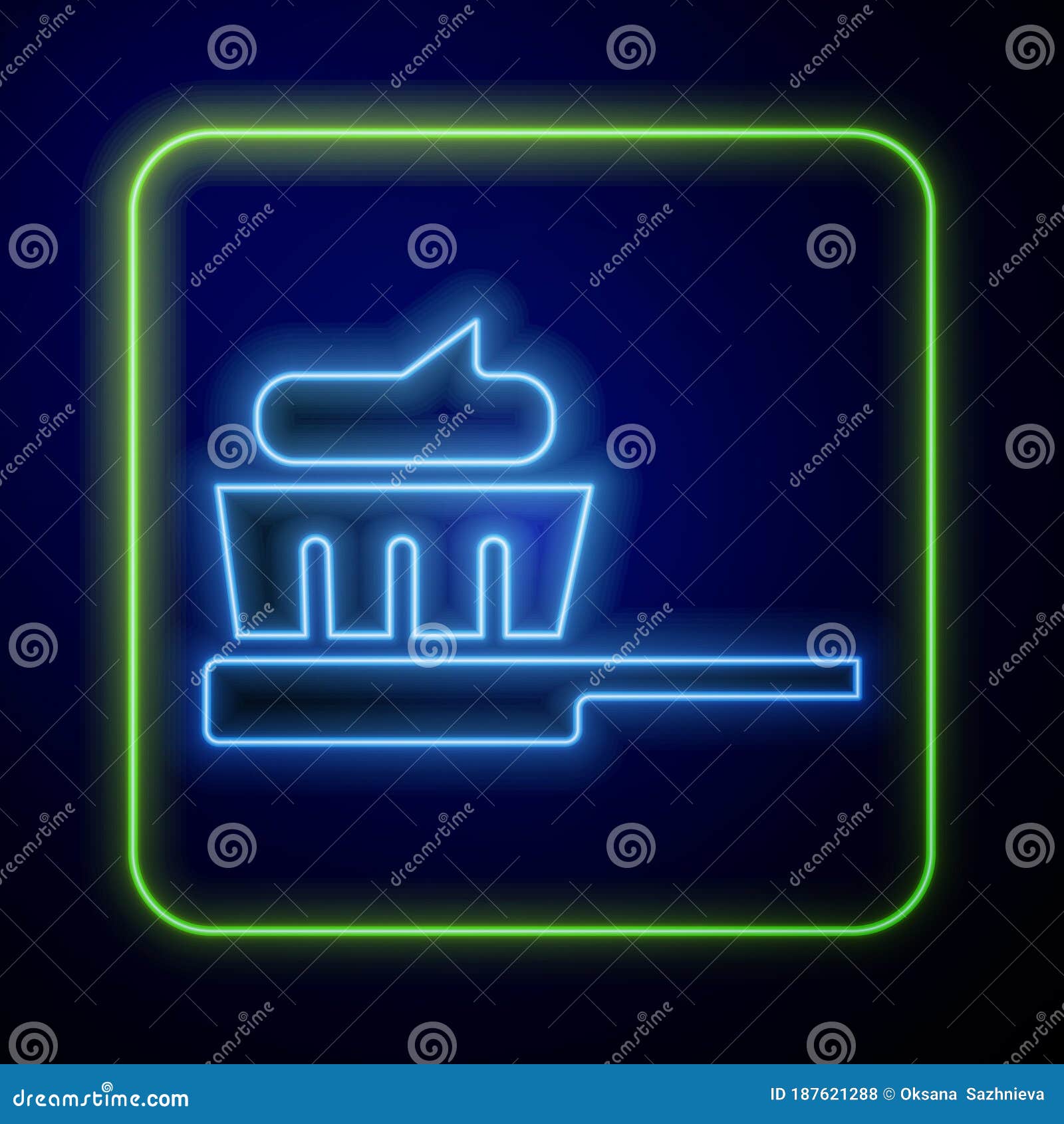 Glowing Neon Toothbrush with Toothpaste Icon Isolated on Blue ...