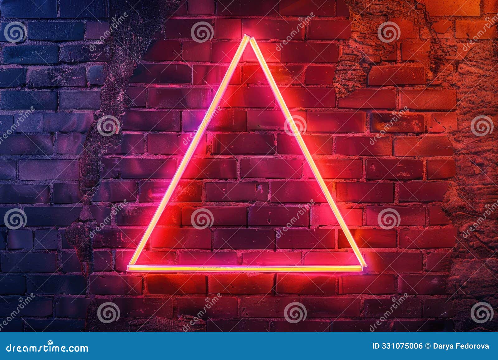 Glowing Neon Triangle on Brick Wall with Trendy Blue and Pink Lighting ...
