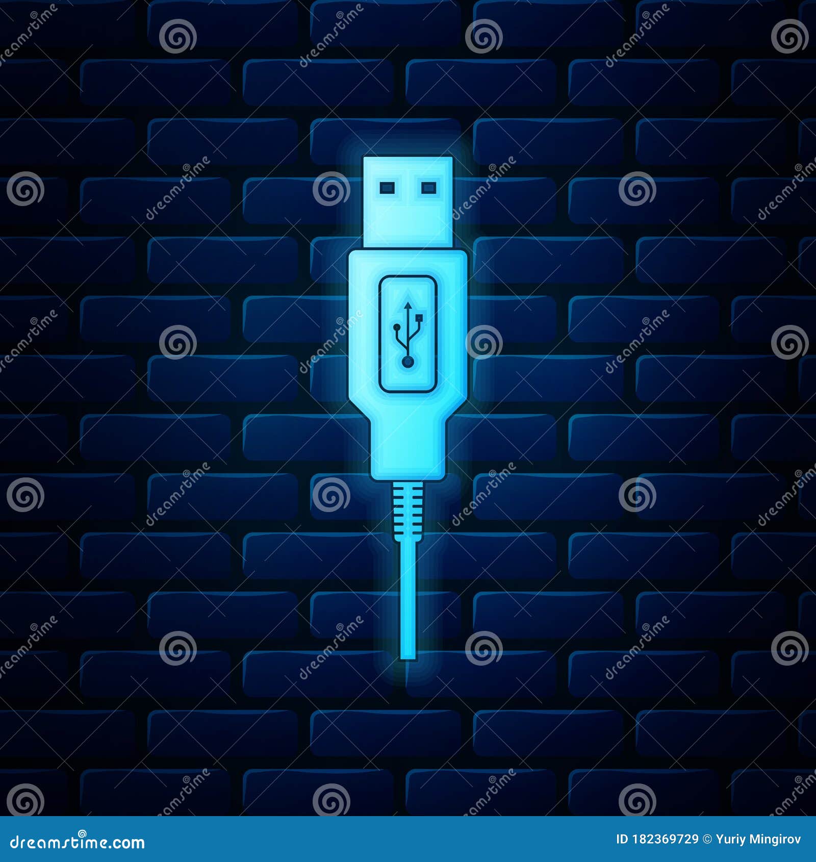 Glowing Neon USB Cable Cord Icon Isolated on Brick Wall Background ...