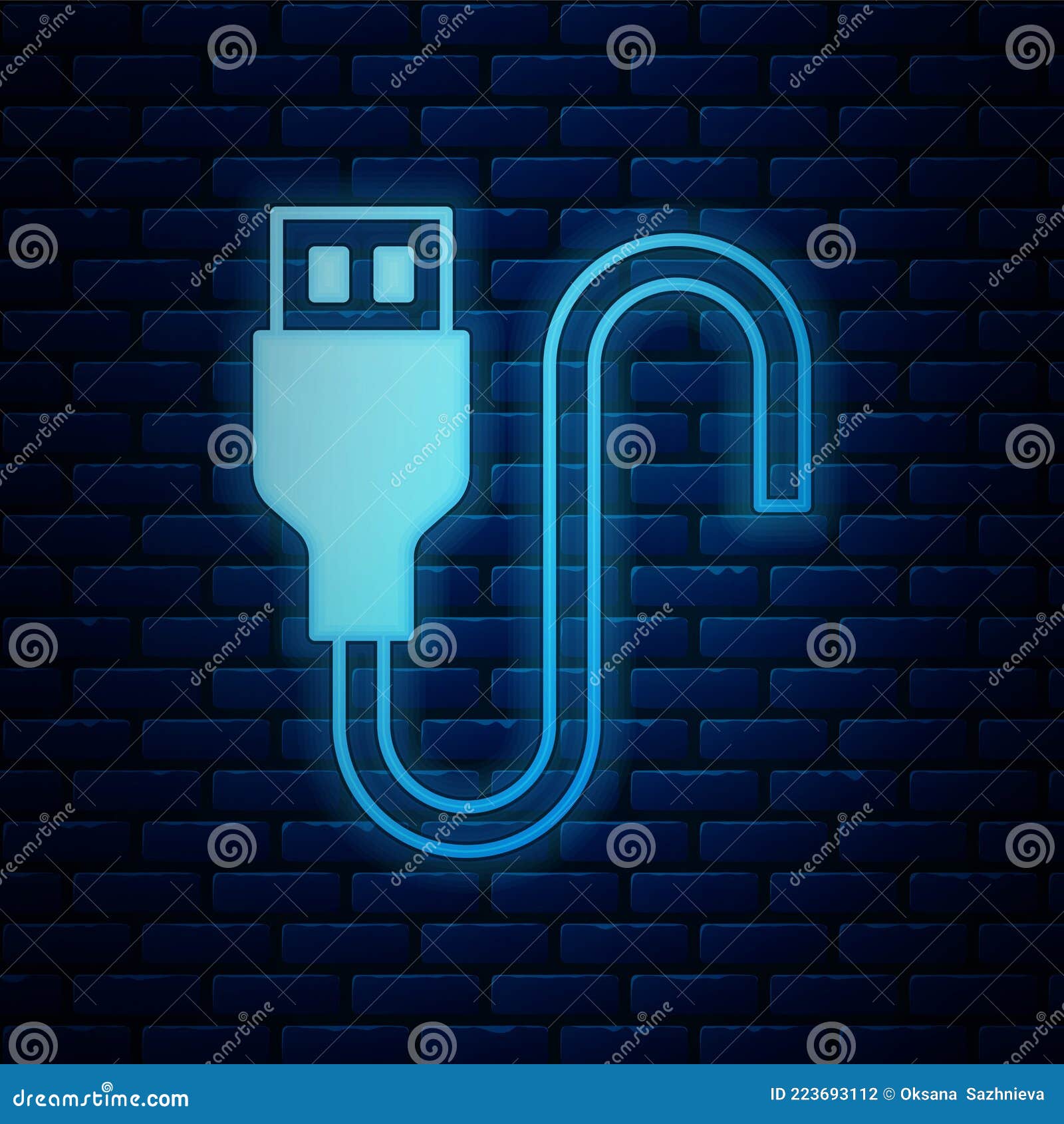 Glowing Neon USB Cable Cord Icon Isolated on Brick Wall Background ...