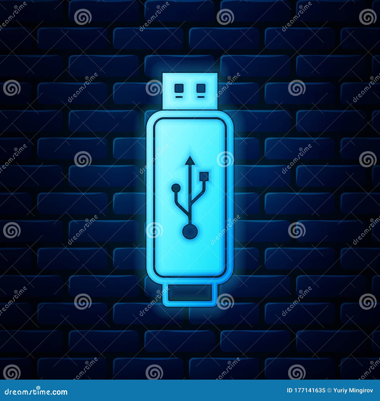 Glowing Neon USB Flash Drive Icon Isolated on Brick Wall Background ...
