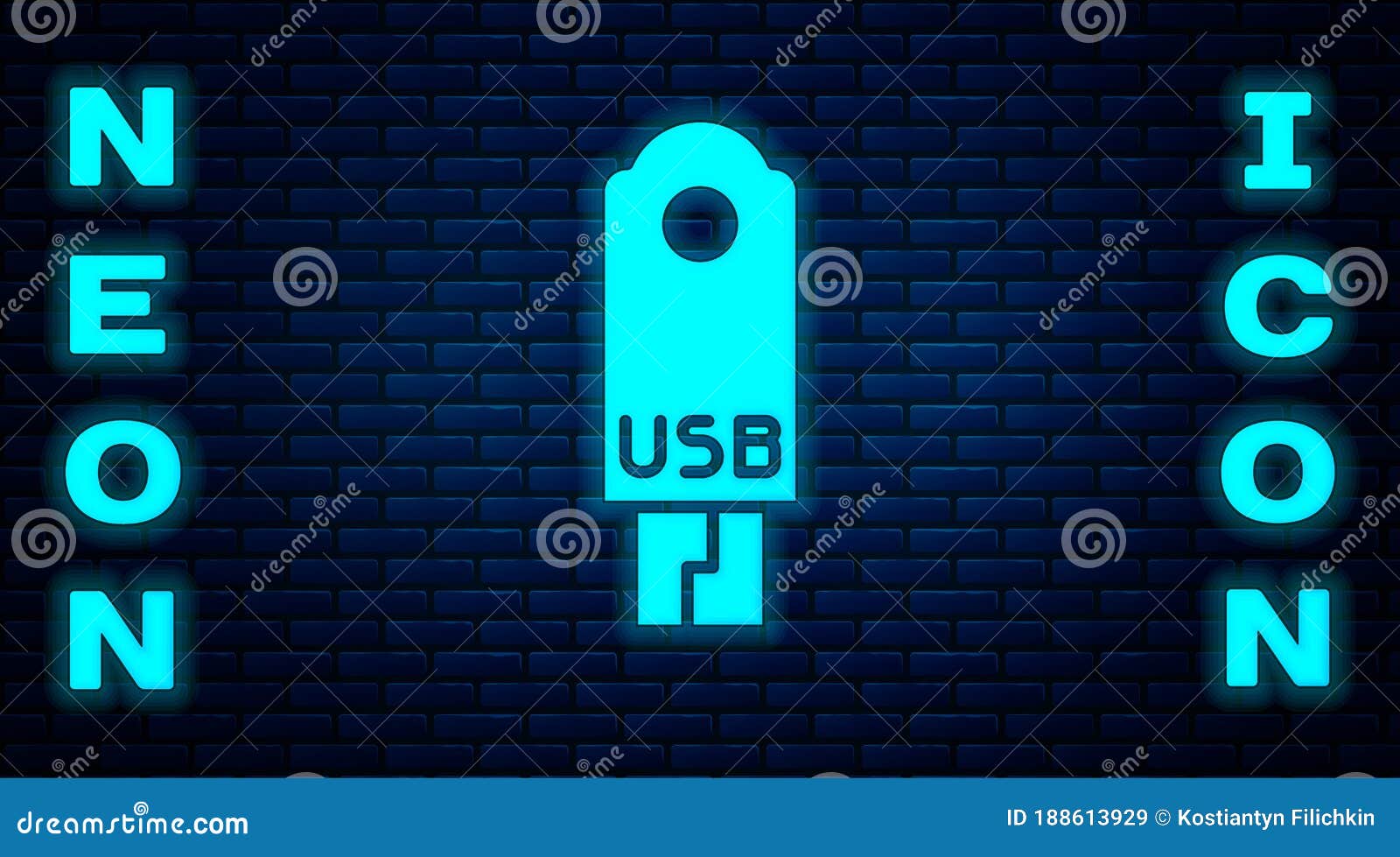 Glowing Neon USB Flash Drive Icon Isolated on Brick Wall Background ...