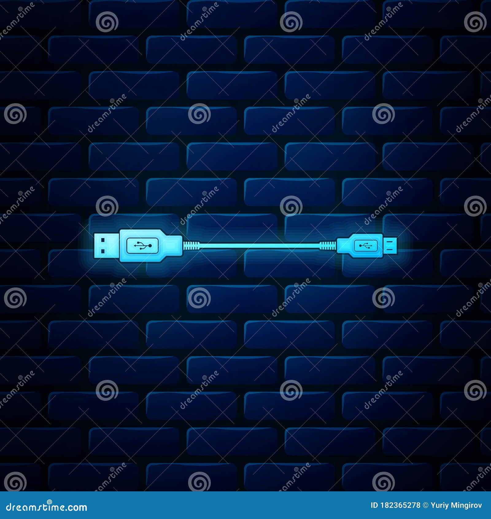 Glowing Neon USB Micro Cables Icon on Brick Wall Background. Connectors ...