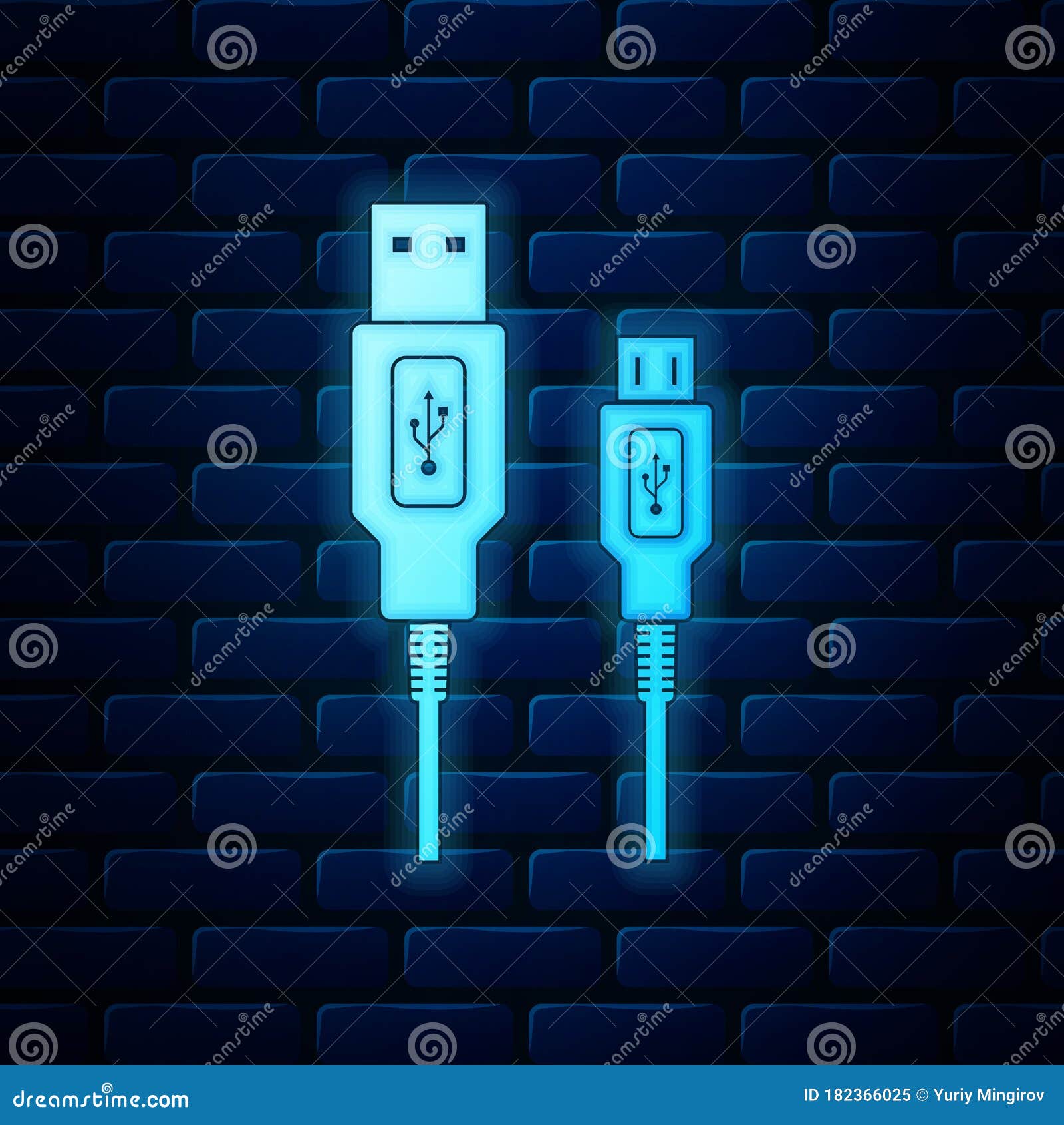 Glowing Neon USB Micro Cables Icon on Brick Wall Background. Connectors ...
