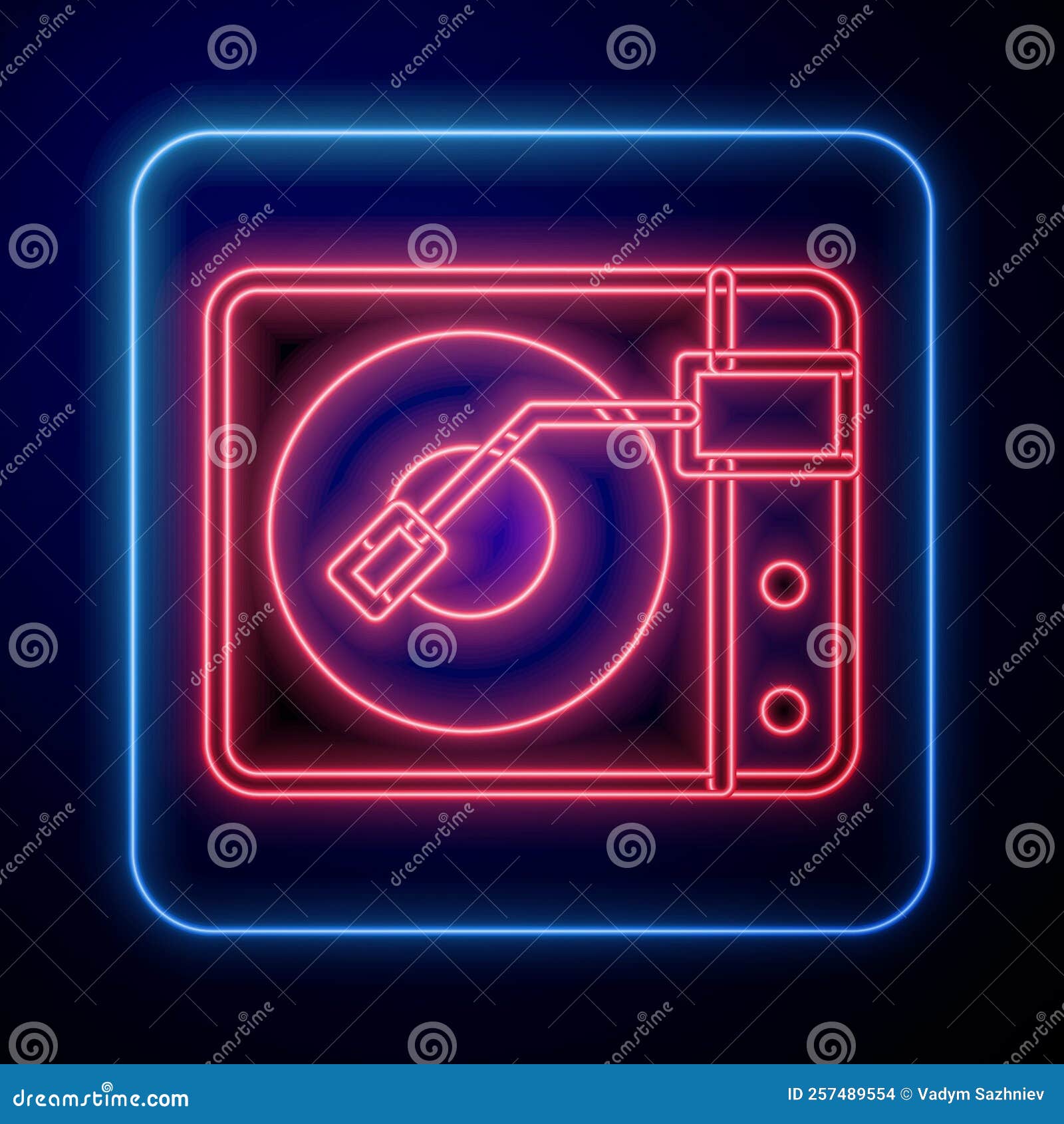 Glowing Neon Vinyl Player with a Vinyl Disk Icon Isolated on Black ...